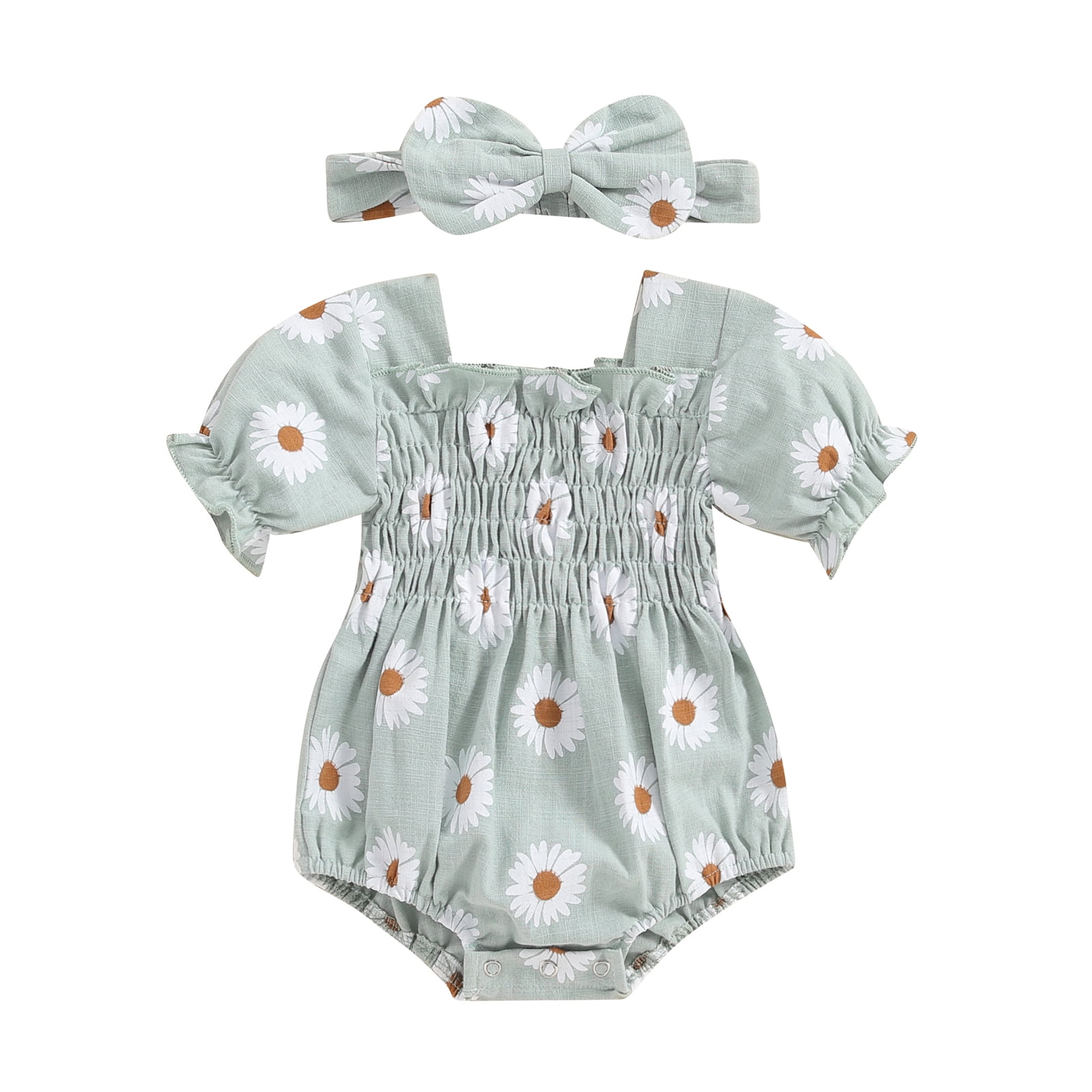 Aojekbee Baby Girl 2Pcs Summer Outfits Short Sleeve Daisy Print Smocked ...