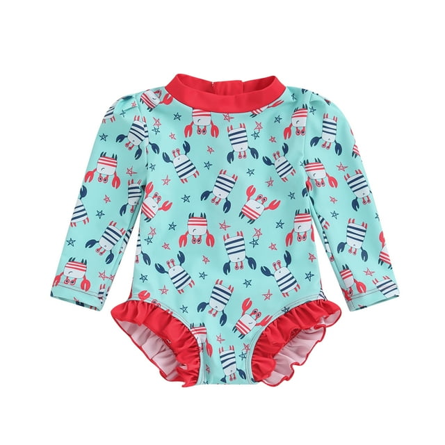 Aojekbee Baby Girl Rash Guard Swimsuit Cute Crab Print Long Sleeve Ruffle Bathing Suit Swimwear ...