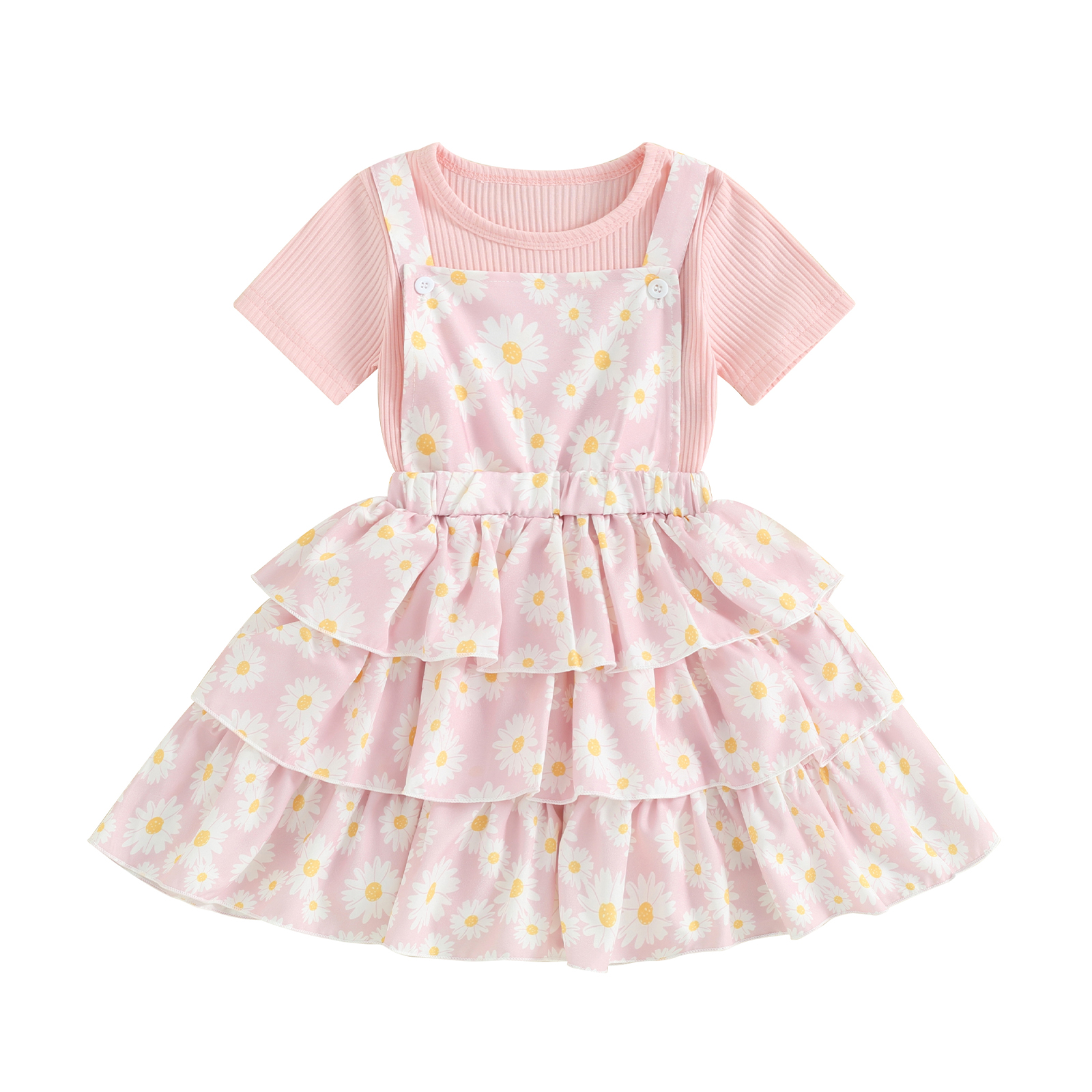 Aojekbee Baby Girls 2Pcs Summer Outfits Short Sleeve Ribbed Tops + Daisy Suspender Skirt Set Kid ...