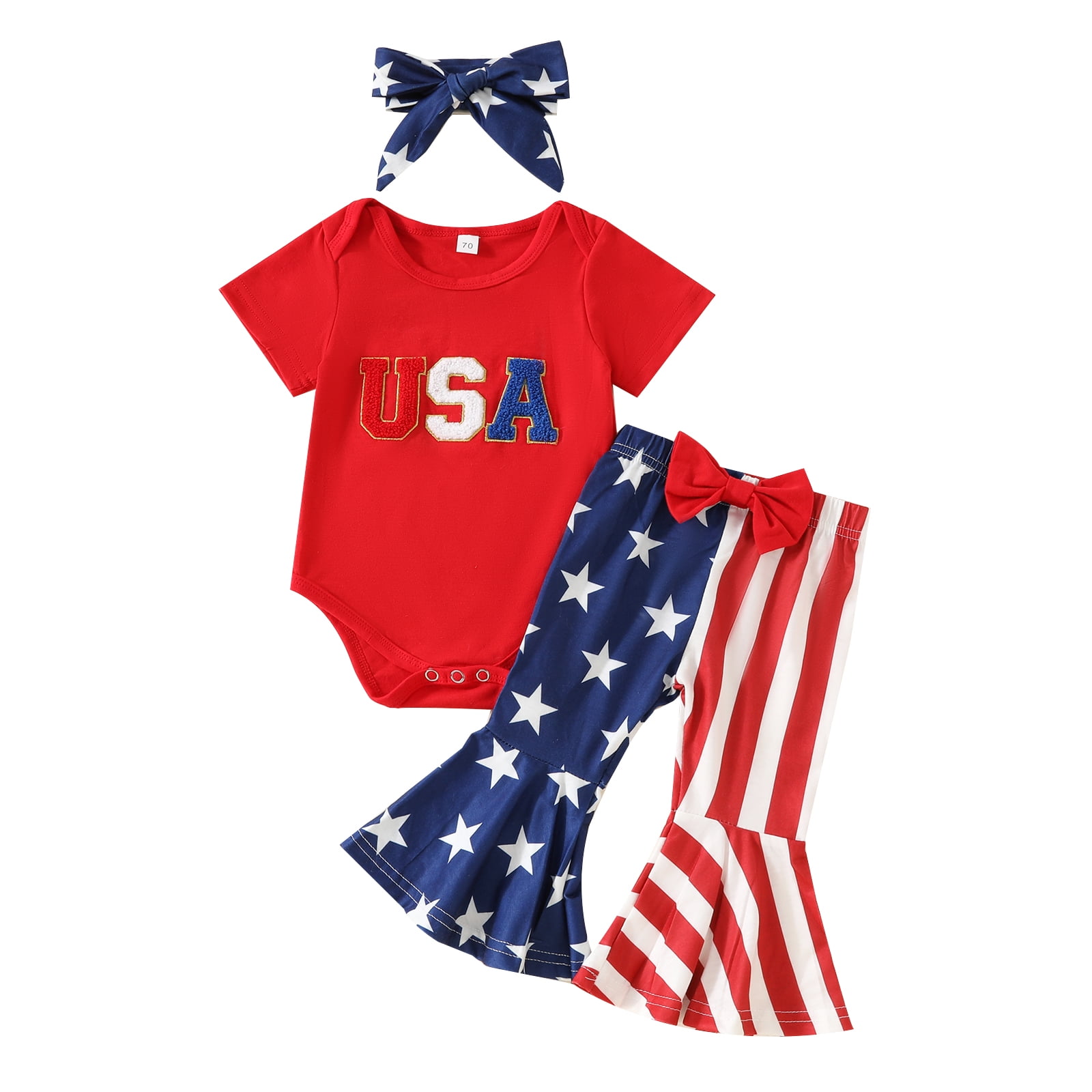 Aojekbee Baby Girls 4th of July Sets Short Sleeve Letter Embroidery ...