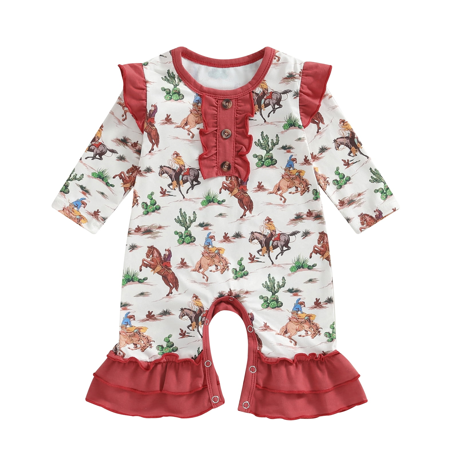 Aojekbee Baby Girls Long Sleeve Romper Western Cowboy Print Flared ...