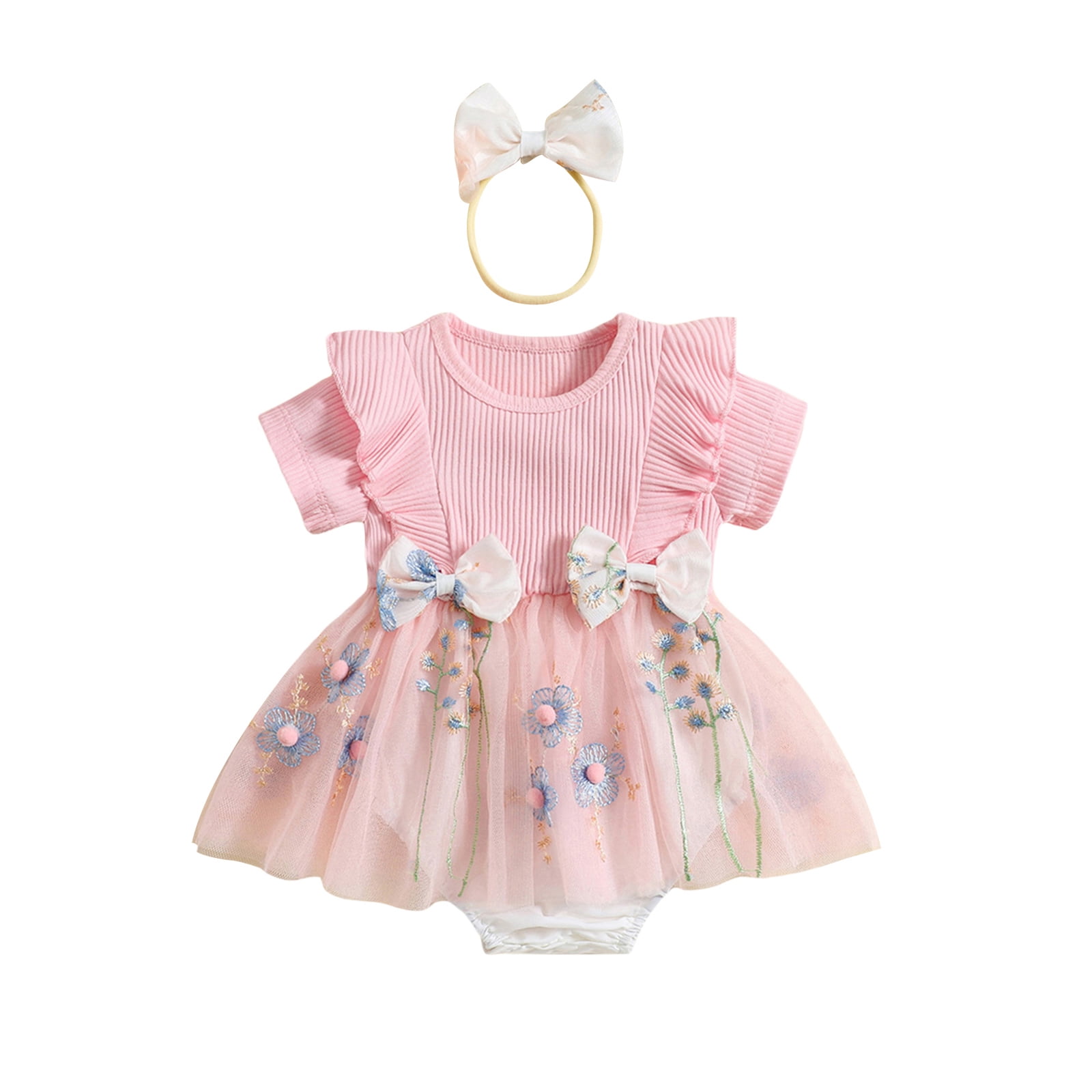 Aojekbee Baby Girls Rompers Dress Ribbed Flower Embroidery Bowknot Short Sleeve Mesh Skirt Hem ...