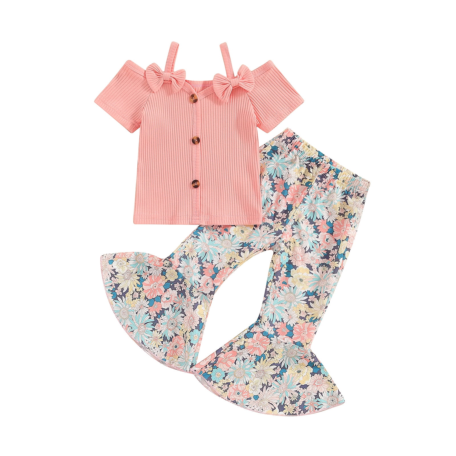 Aojekbee Kid Girls Pants Set, Short Sleeve Bow T-shirt with Flower ...