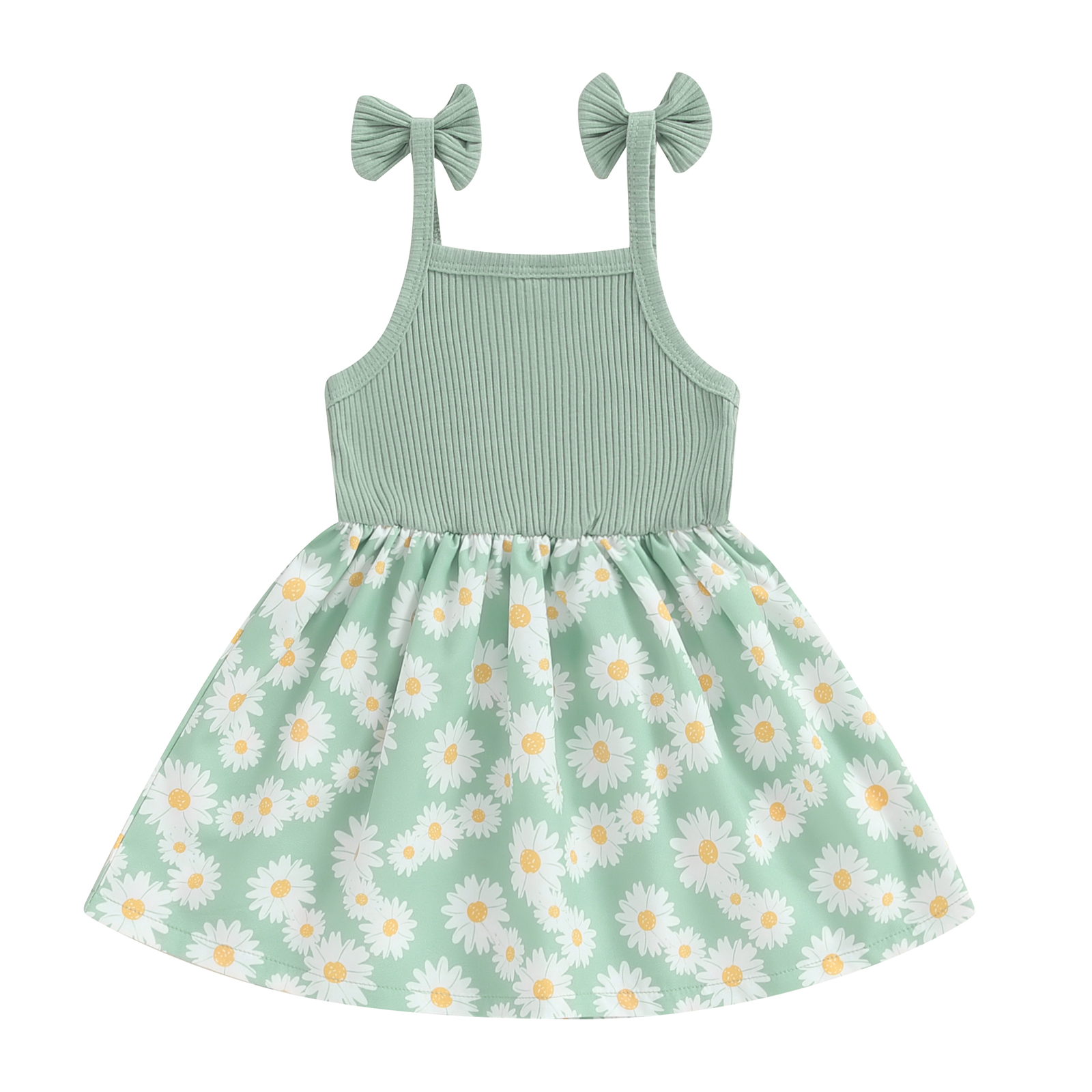 Aojekbee Little Girl Cami Dress A-Line Bow Daisy Print Neck Spaghetti Strap Ribbed Dress for ...