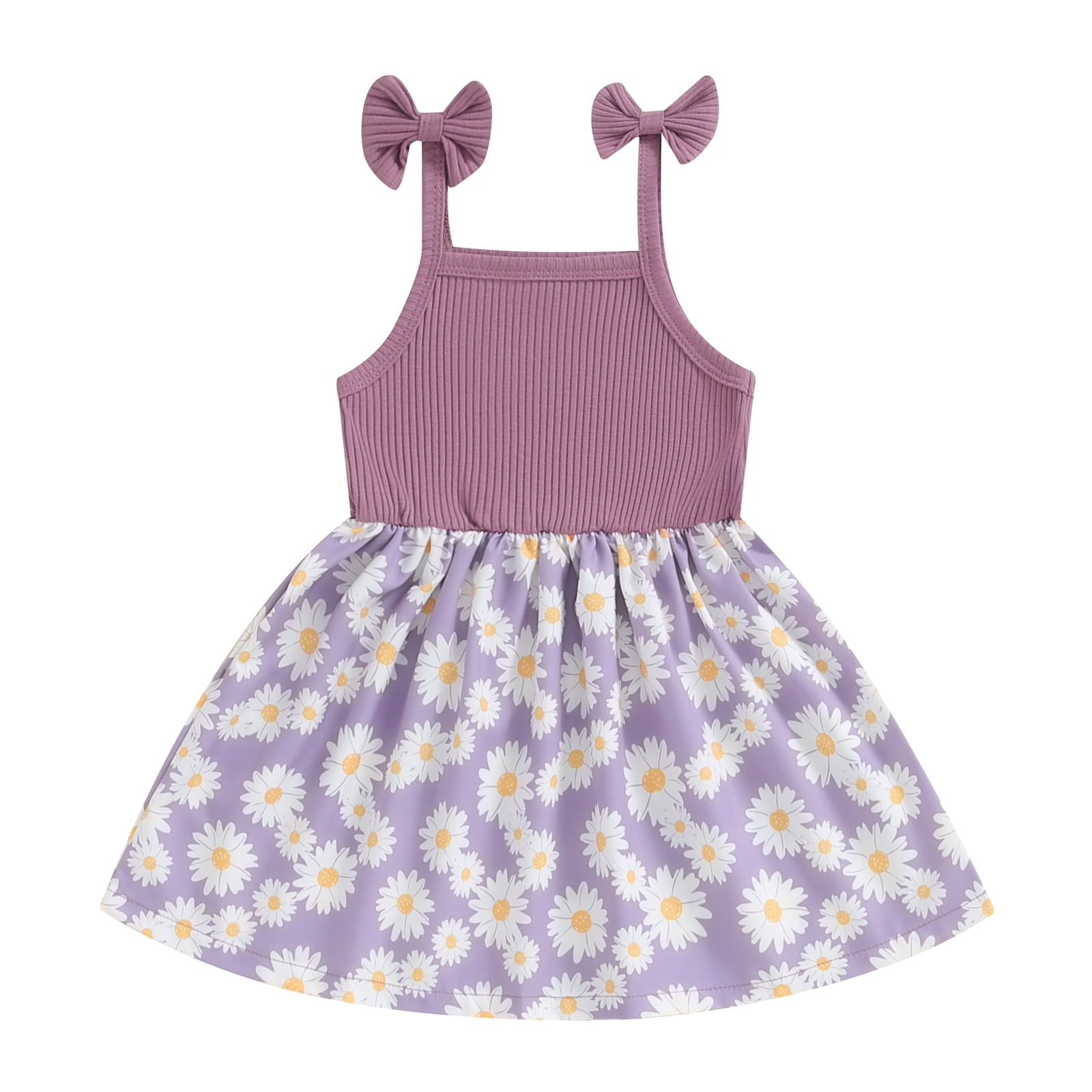 Aojekbee Little Girl Cami Dress A-Line Bow Daisy Print Neck Spaghetti Strap Ribbed Dress for ...
