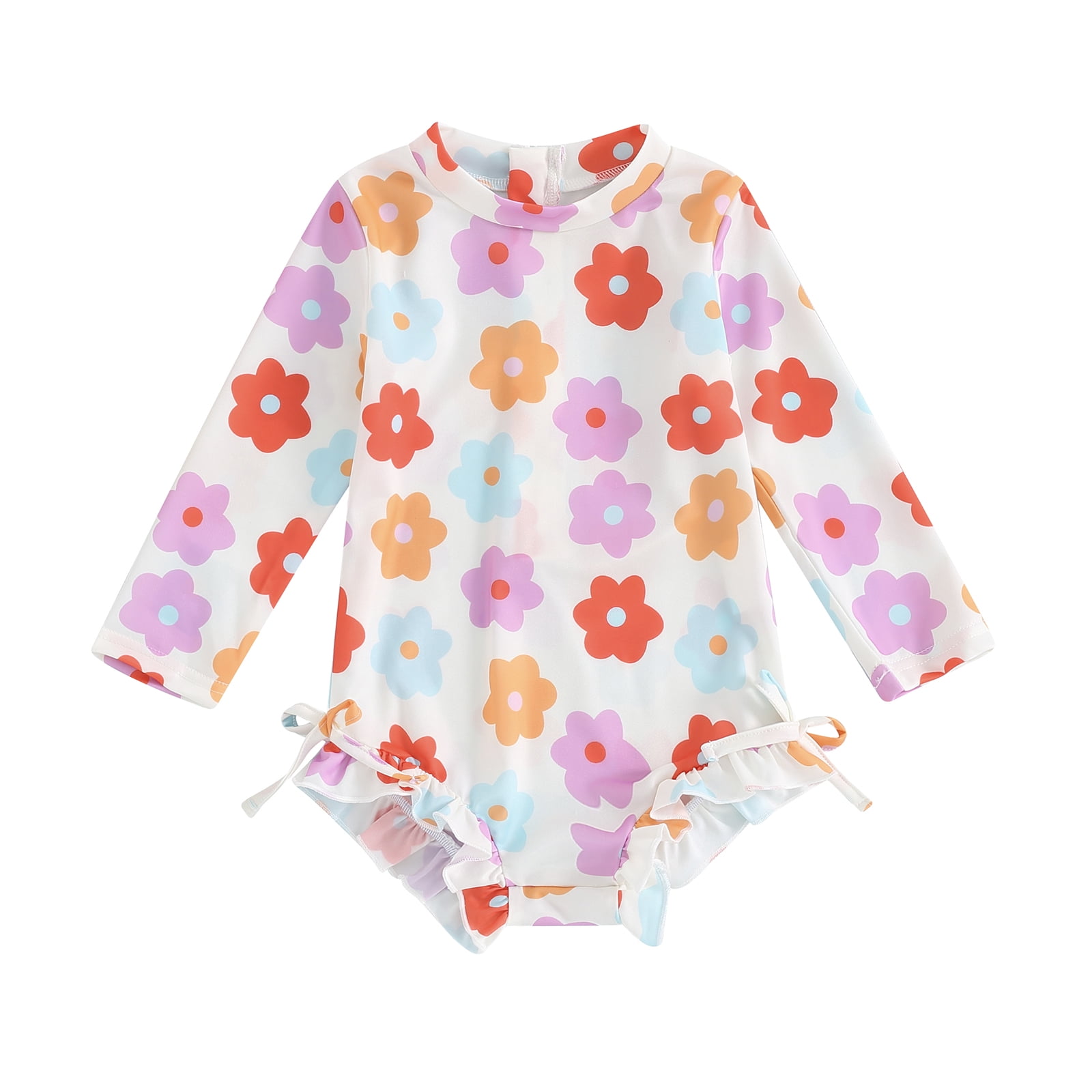 Aojekbee Little Girl Long Sleeve Swimsuit Round Neck Back Zip Up Frill Trim Bow Flower Print ...