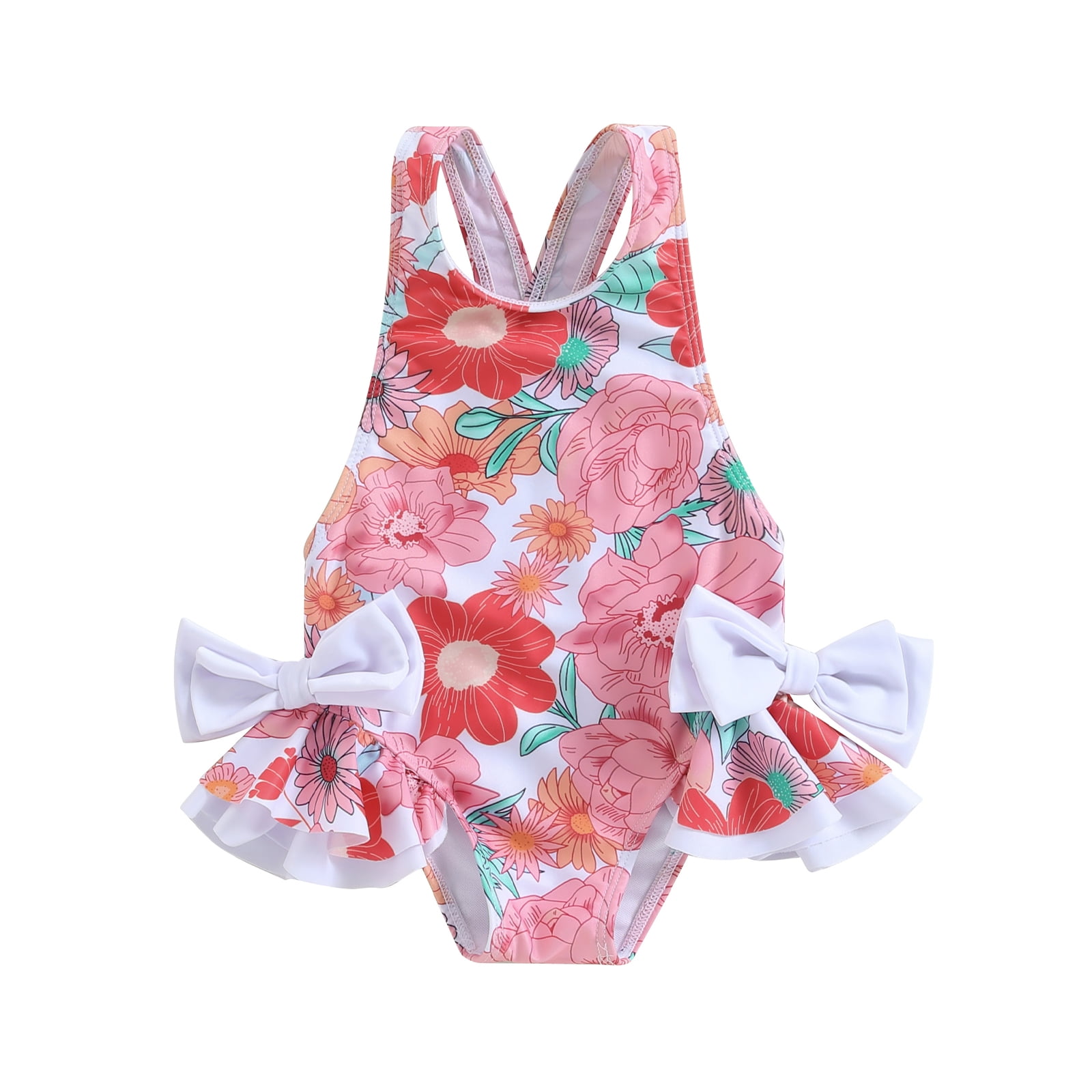 Aojekbee Little Girl's Bathing Suit Flower Print 3D Bow Round Neck Sleeveless Frill Trim ...