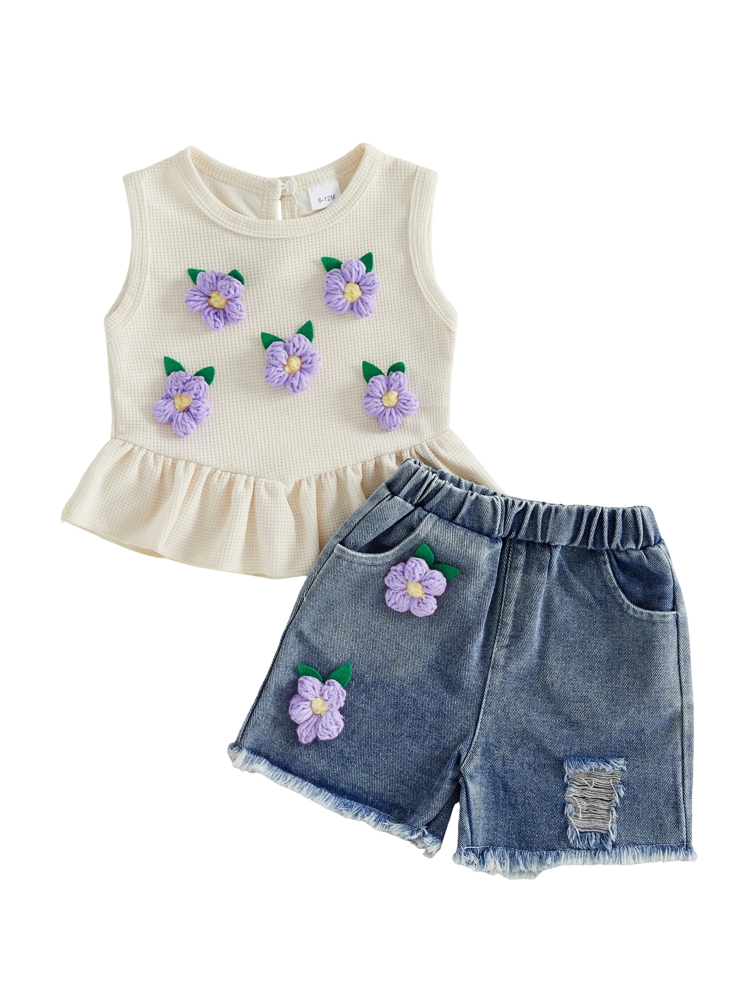 Aojekbee Little Girls 2 Piece Outfits Cute Flower Applique Sleeveless ...