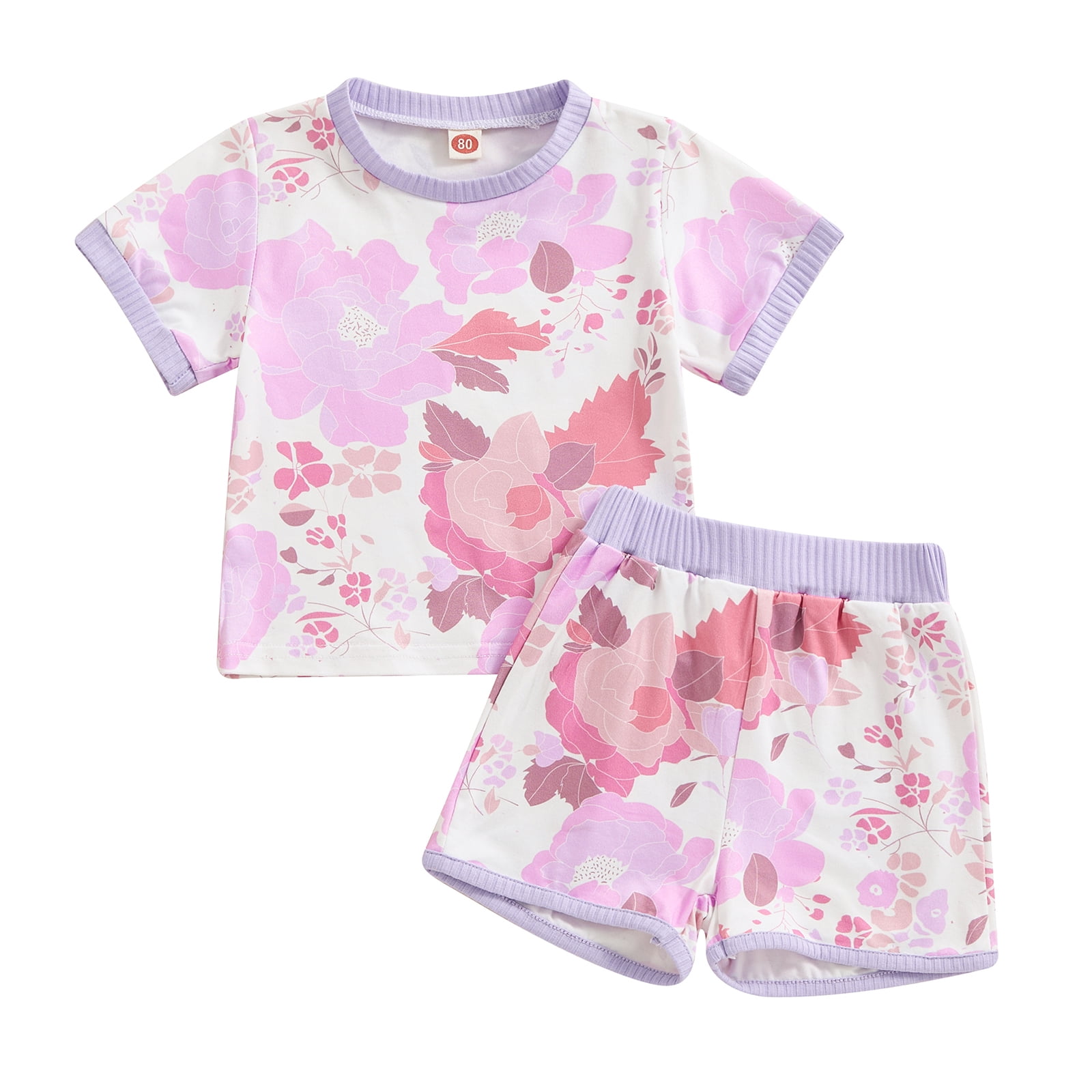 Aojekbee Little Girls Summer Shorts Sets Short Sleeve Crewneck Floral ...