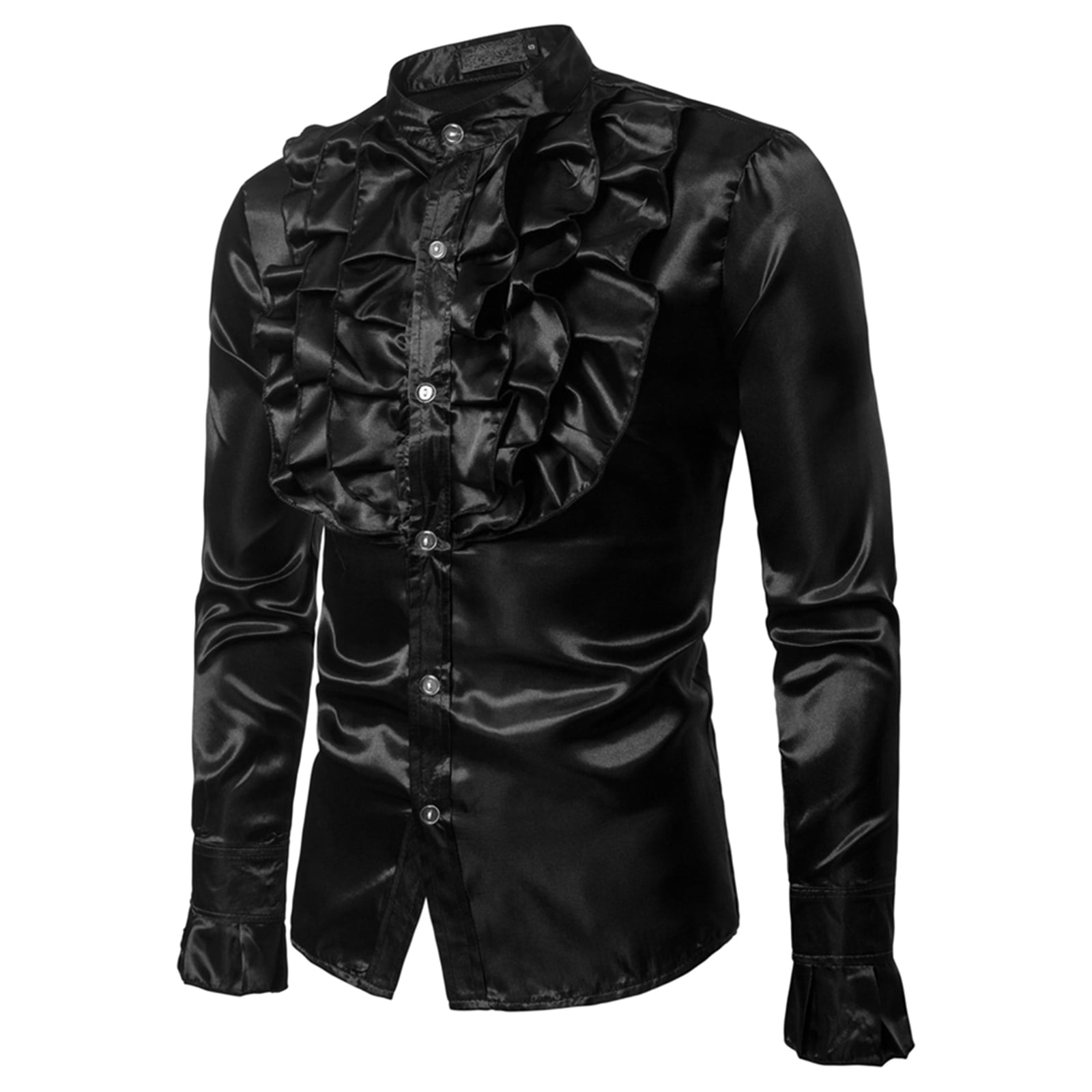 Aojekbee Men Satin Ruffle Shirts, Long Sleeve Stand Collar Solid Color ...