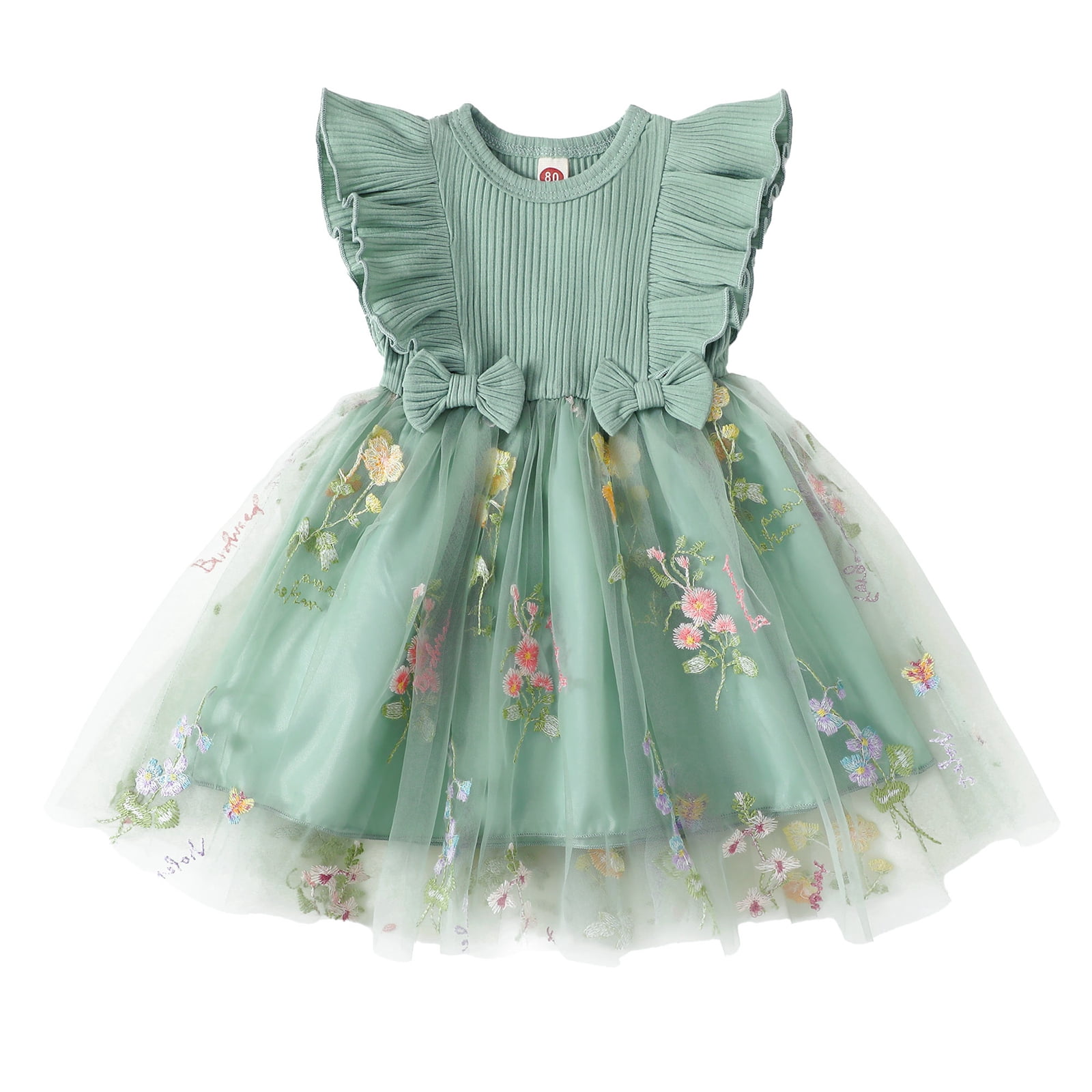 Aojekbee Toddler Girls Dress Flower Embroidery Bowknot Round Neck Fly ...