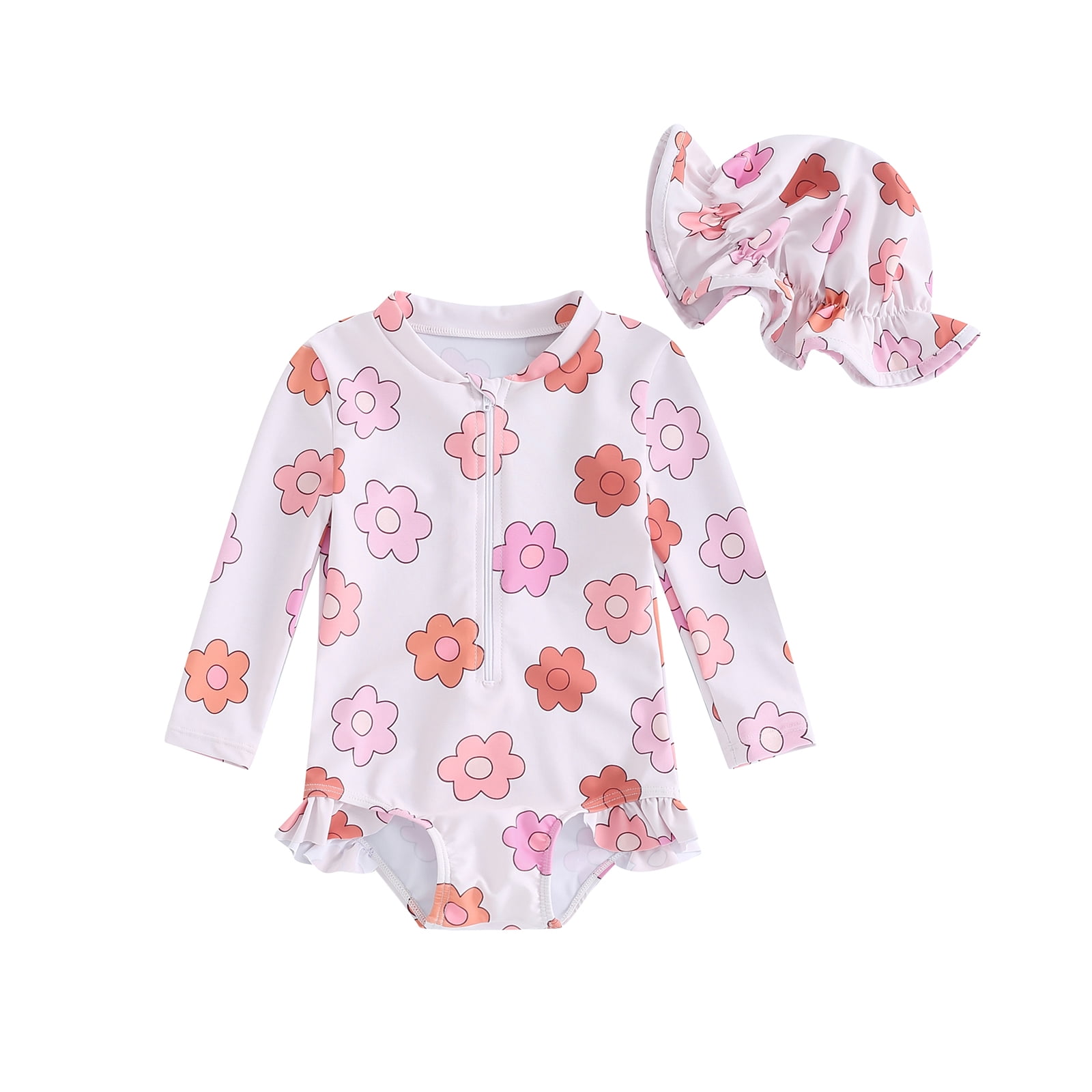Toddler Girls Rash Guard Swimsuit Rompers Long Sleeve Flower Print Ruffles Zipper Kids Bathing ...