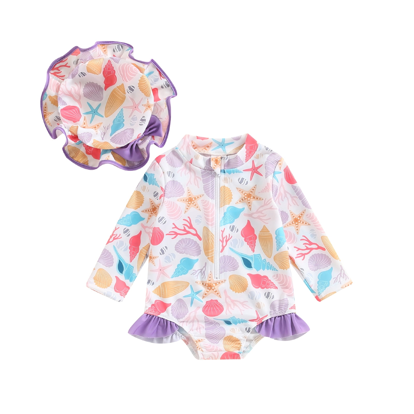 Aojekbee Toddler Girls Rash Guard Swimsuit Rompers Long Sleeve Flower/Shell Print Baby Ruffles ...