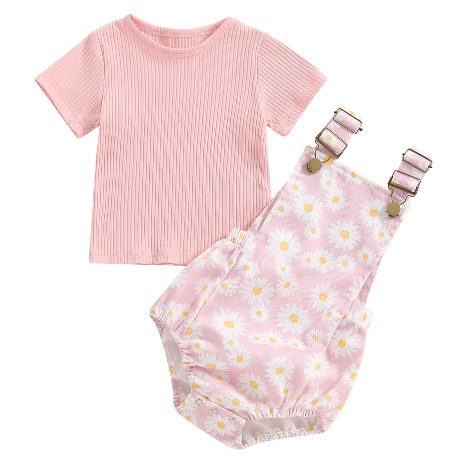 Aojekbee Toddler Girls Summer Outfit Ribbed Short Sleeve T-Shirt and Daisy Print Overalls Shorts ...