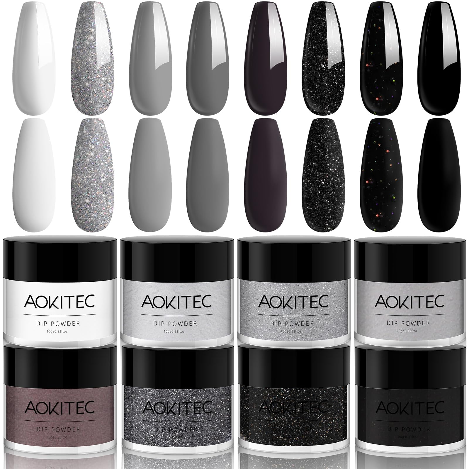 Aokitec 8 Colors Dip Powder Nail Set, Gray Classic White Black ...