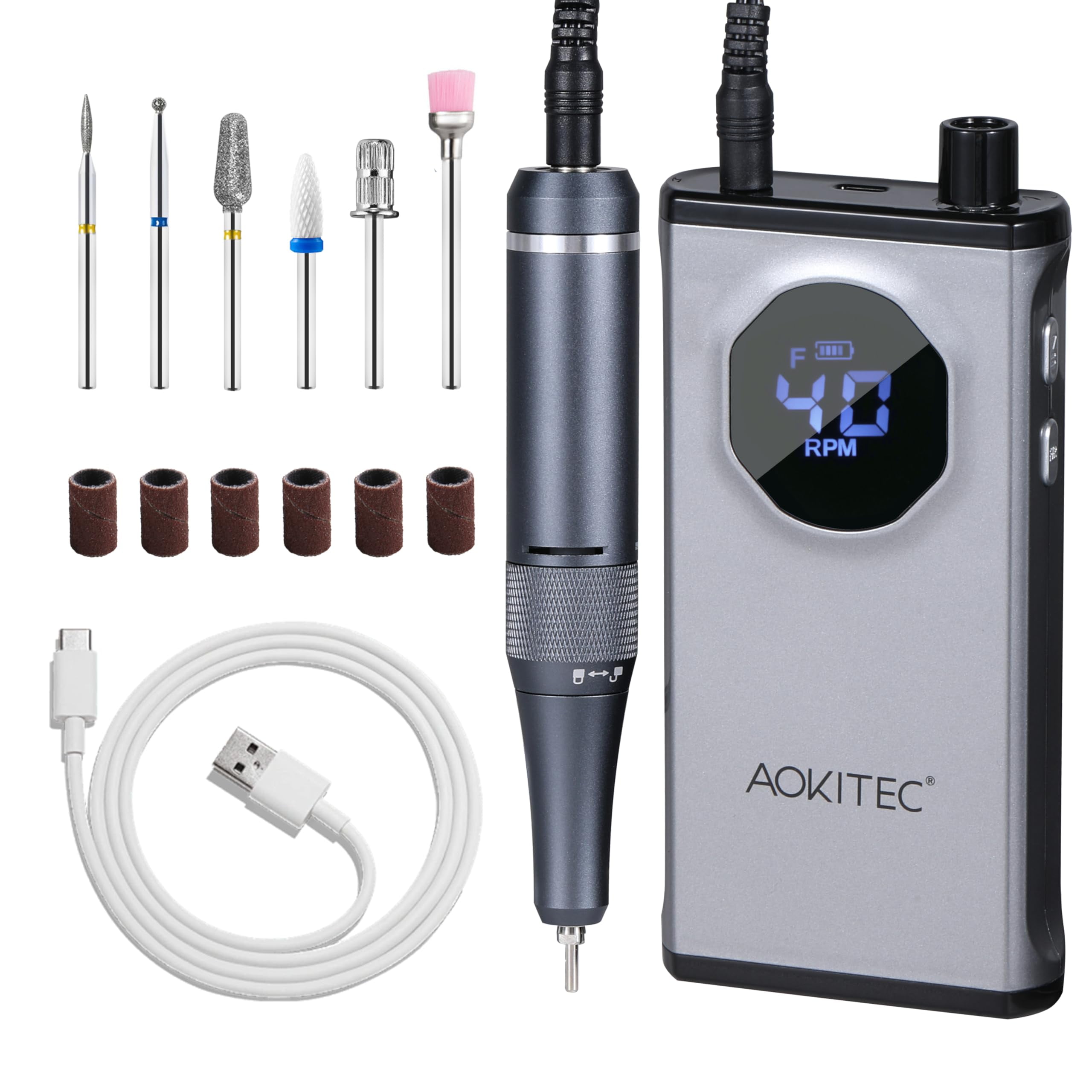 Aokitec Electric Nail Drill - 40000RPM Rechargeable Portable Nail Filer ...