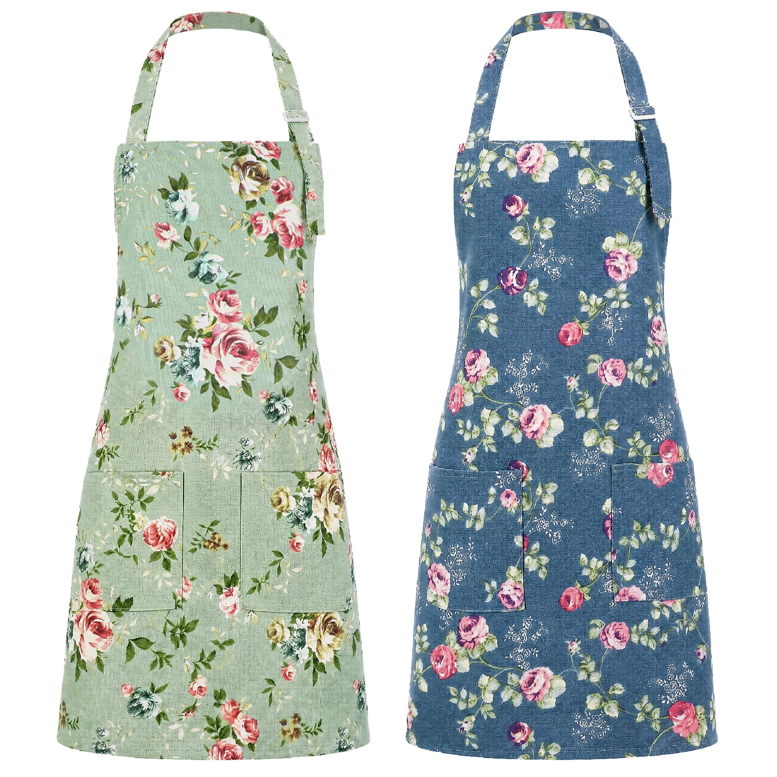 "Aoliandatong Floral Cotton Aprons for Women, Adjustable with Pockets ...