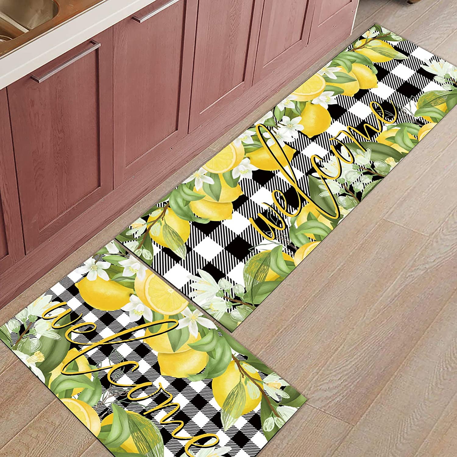 Aomike Summer Lemon Kitchen Mats 2 Piece, Lemon Green Leaves Flower ...