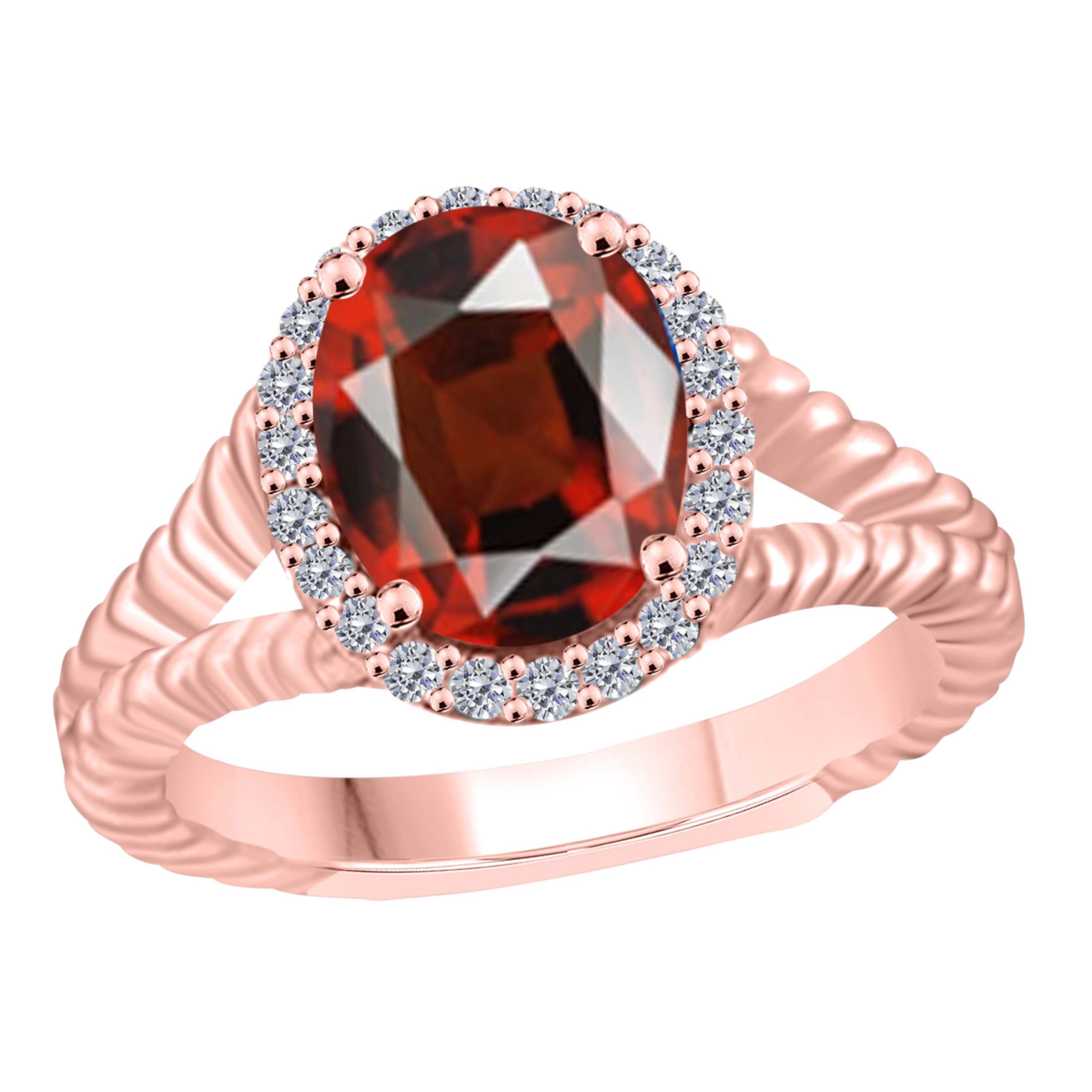 AoneJewelry 10K Diamond and Oval Shape Garnet Ring In Solid Rose, White ...