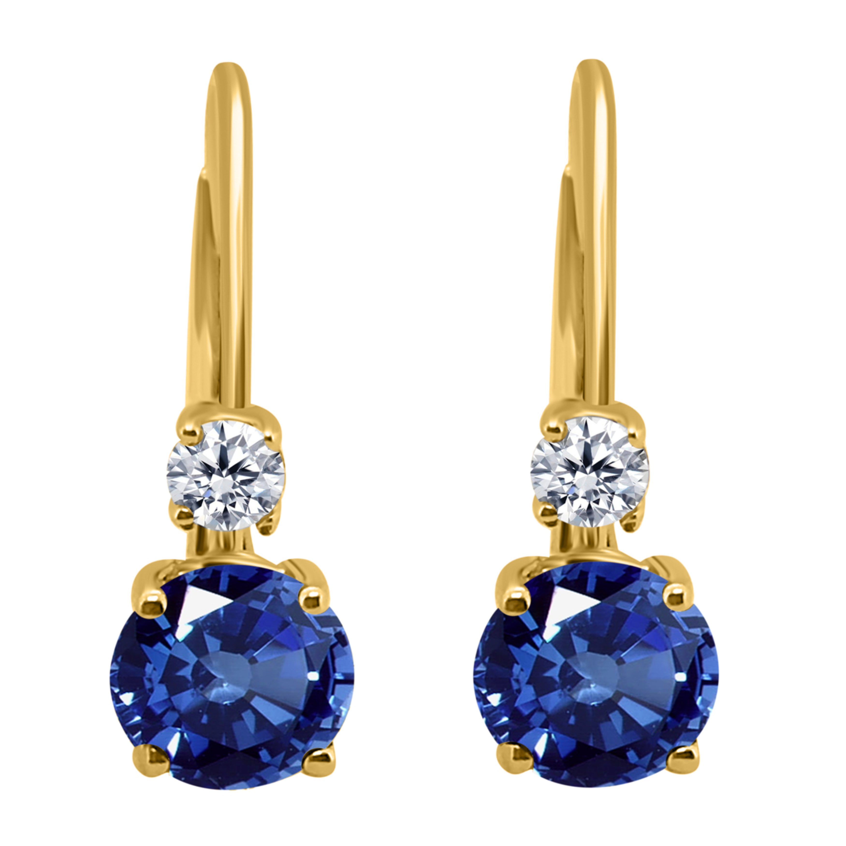 AoneJewelry Saphire & White Diamond Leverback Earring for Women| 14K Yellow Gold 1.10 Carat 4 ...