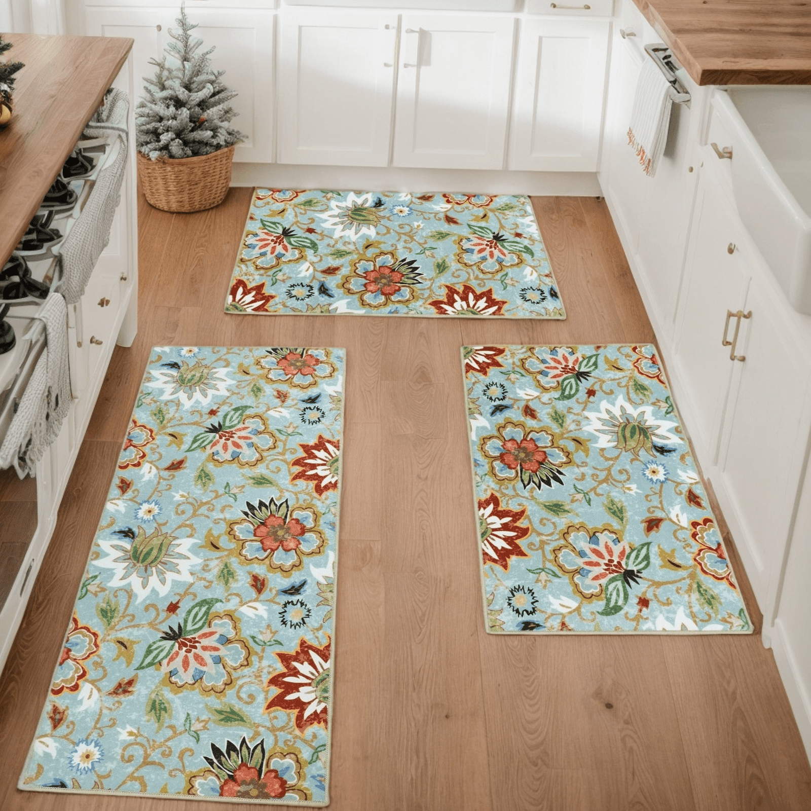 Aonewoe Floral Kitchen Rugs Sets 3 Piece with Runner, Non Slip Washable ...