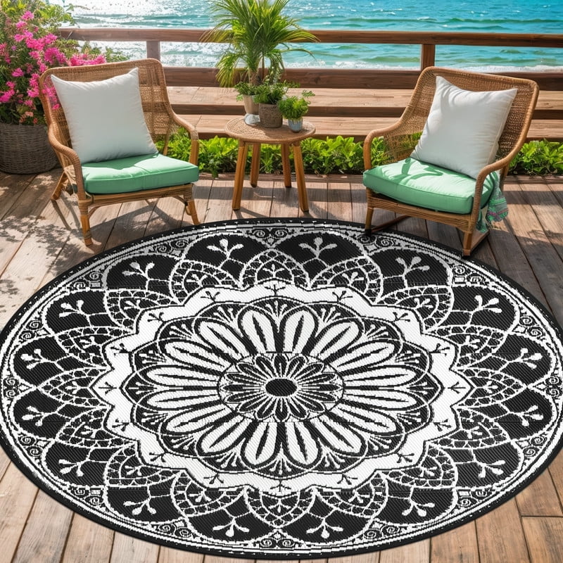 Aonewoe Round Outdoor Rugs 6Ft Waterproof Patio Plastic Straw Rug ...
