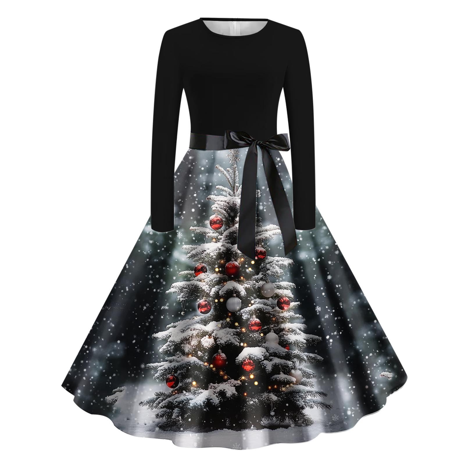 Aoochasliy Christmas Dresses Women Xmas Gift Print Long Sleeve Round ...