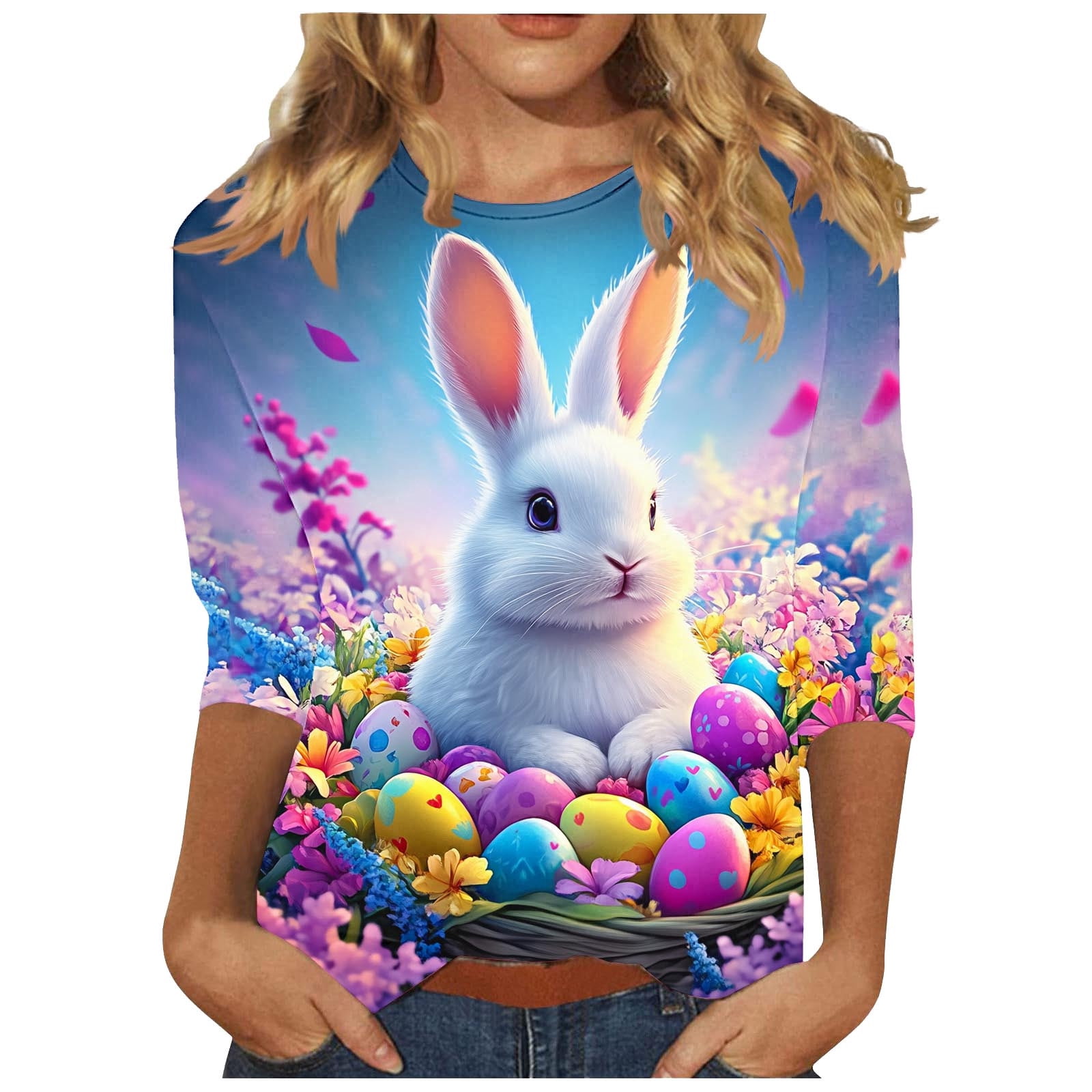 Aoochasliy Ladies' Casual Easter Tee Print Round Neck Three-quarter ...