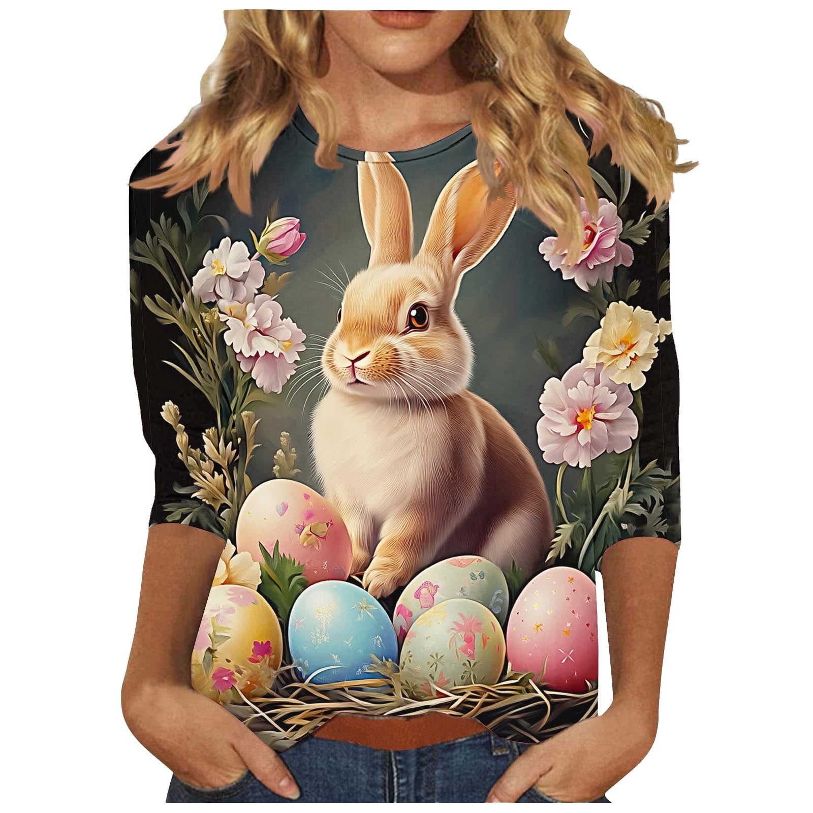 Aoochasliy Ladies' Casual Easter Tee Print Round Neck Three-quarter ...