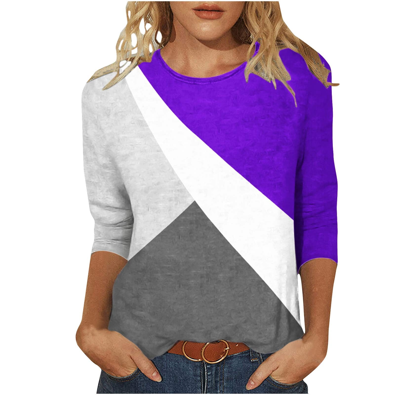 Aoochasliy Ladies Tops Long Sleeve Geometry Printed Loose T-shirt Mid ...