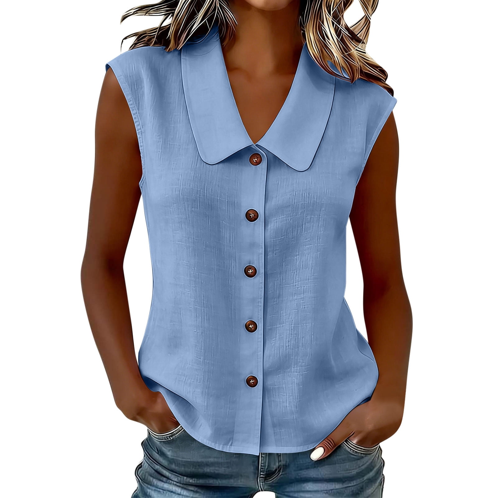 Aoochasliy Linen Cardigans for Women Sleeveless Tops Lapel Doll Collar ...
