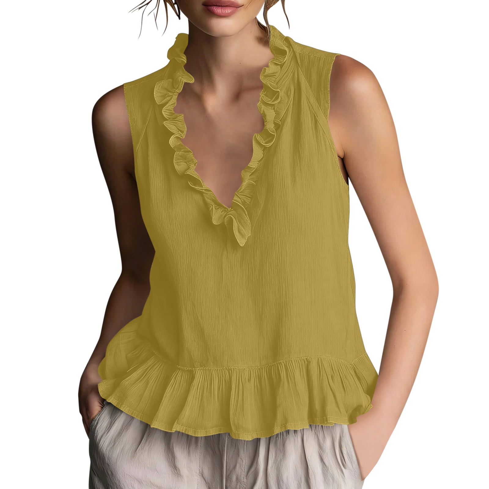 Aoochasliy Linen Tank Tops for Women Sleeveless Tops Solid Color Ruffle ...