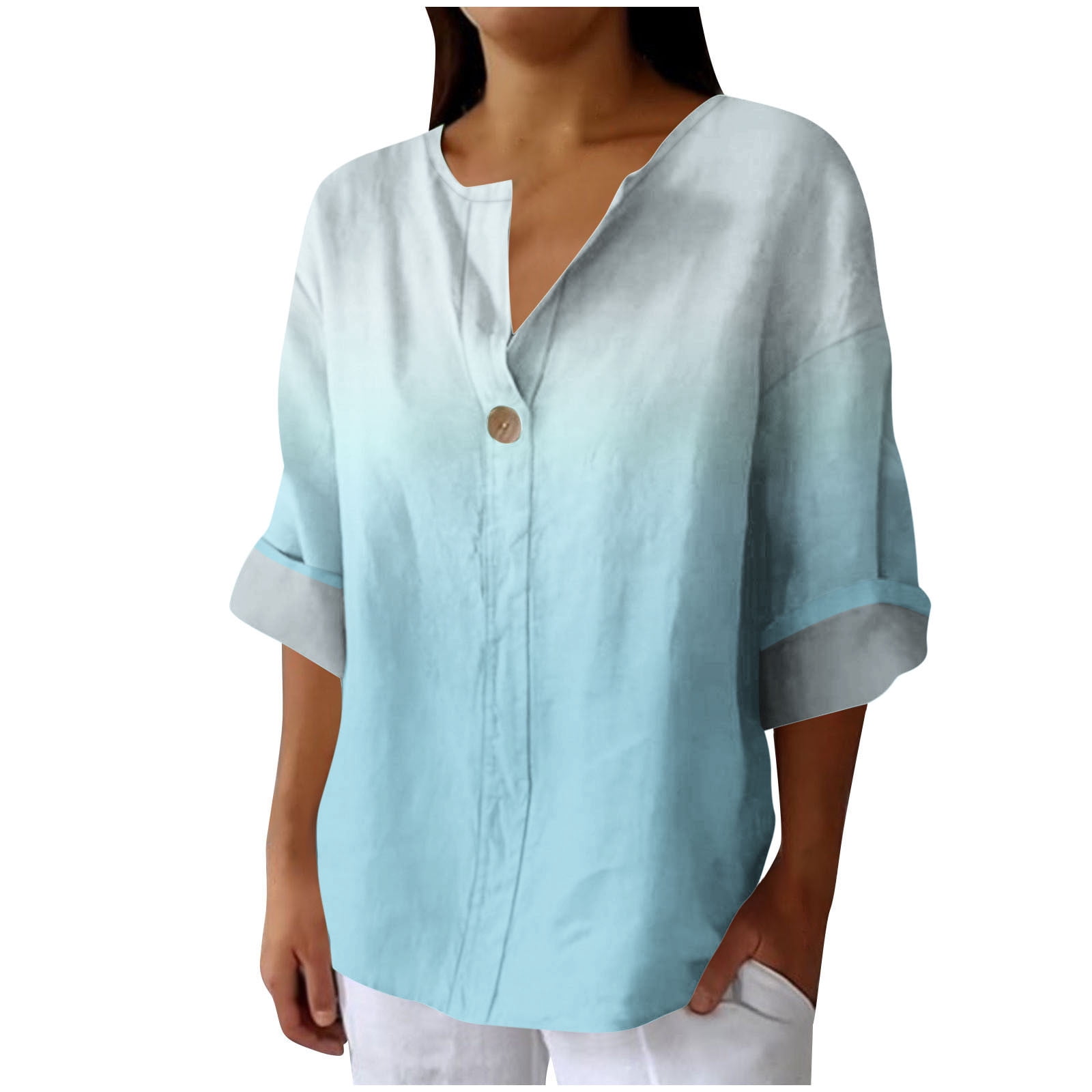 Aoochasliy Linen Tops for Women 2026 Summer Trendy Gradient 3/4 Sleeve ...