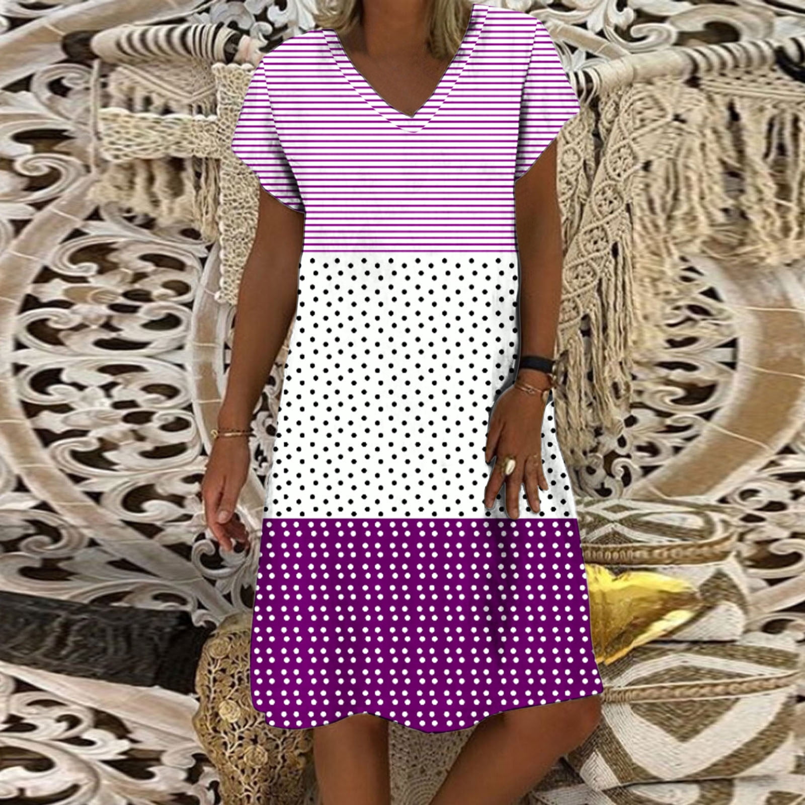 Aoochasliy Summer Loose Stripe Dot Mini Dresses for Women Patchwork V ...