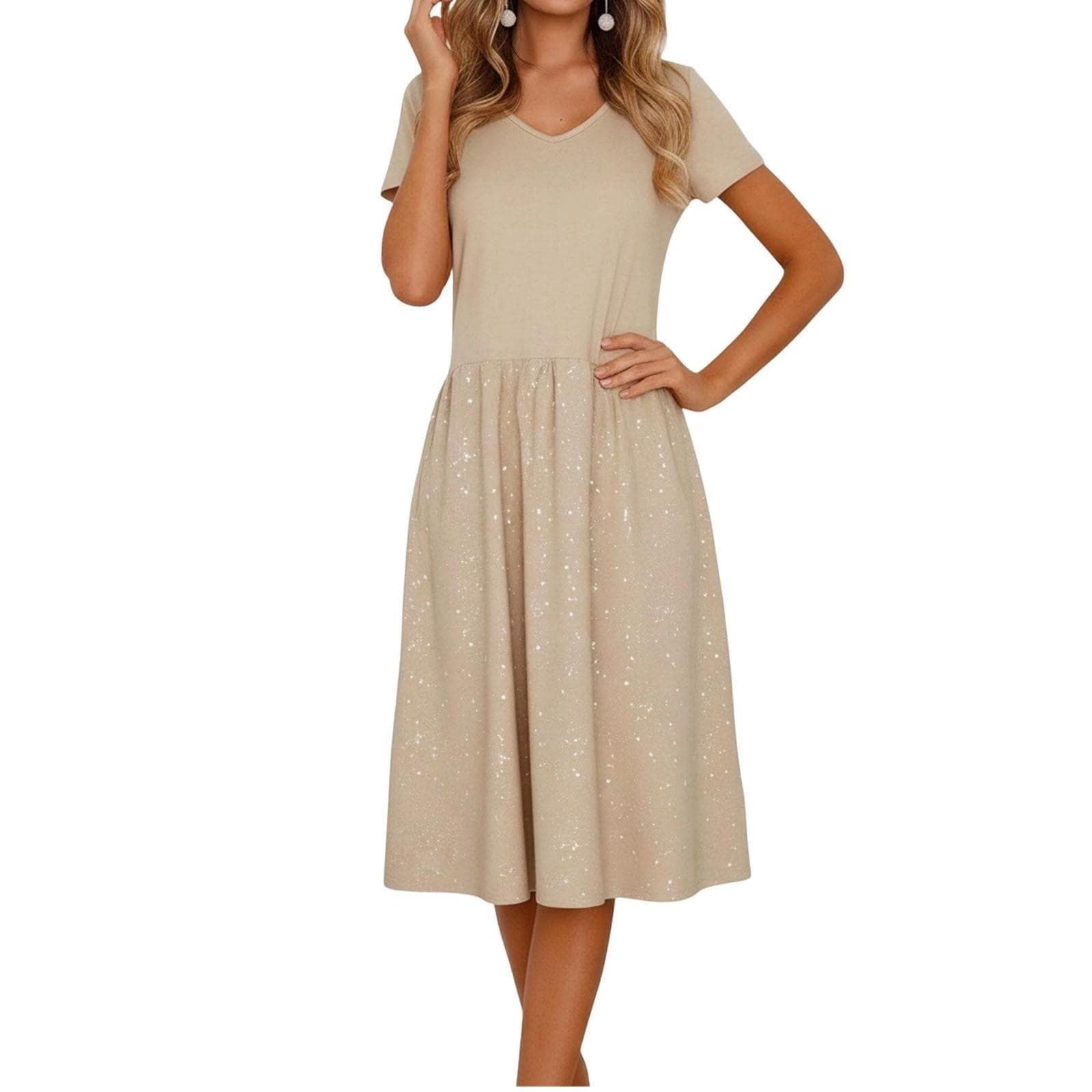 Aoochasliy Women V Neck Knee Length Dress Spliced Short Sleeves Gold ...