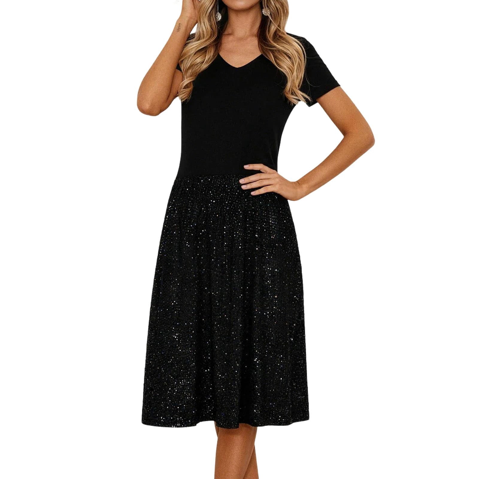 Aoochasliy Women V Neck Knee Length Dress Spliced Short Sleeves Gold ...