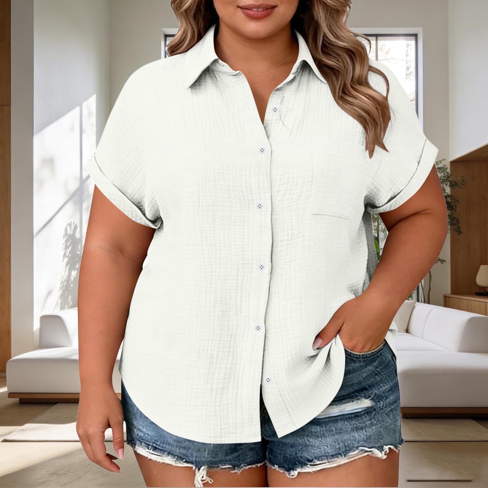Aoochasliy Women's Plus Size Button-Down Shirt Short Sleeve Top Solid ...
