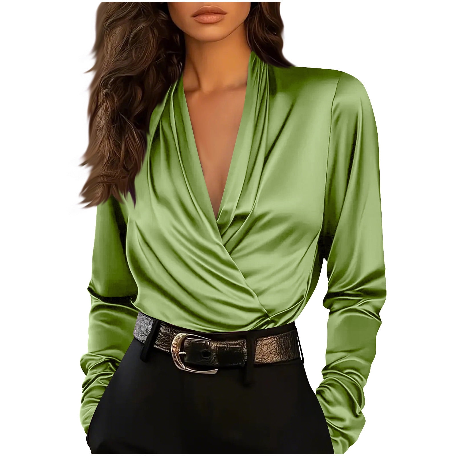 Aoochasliy Women's Satin Silk Blouses Wrap V Neck Puff Long Sleeve ...