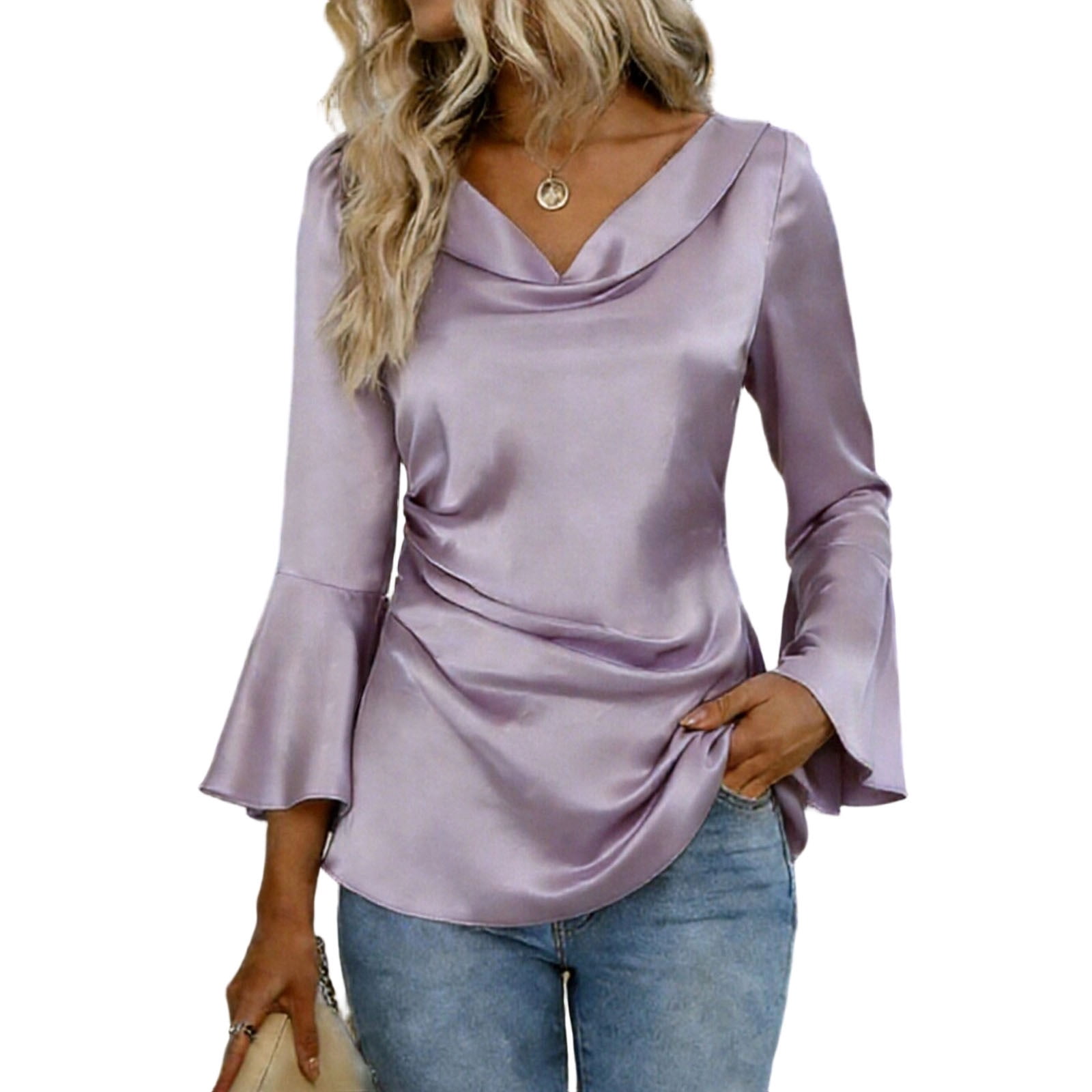 Aoochasliy Women's Satin Silk Cowl Neck Ruched Front Draped Bell Long ...