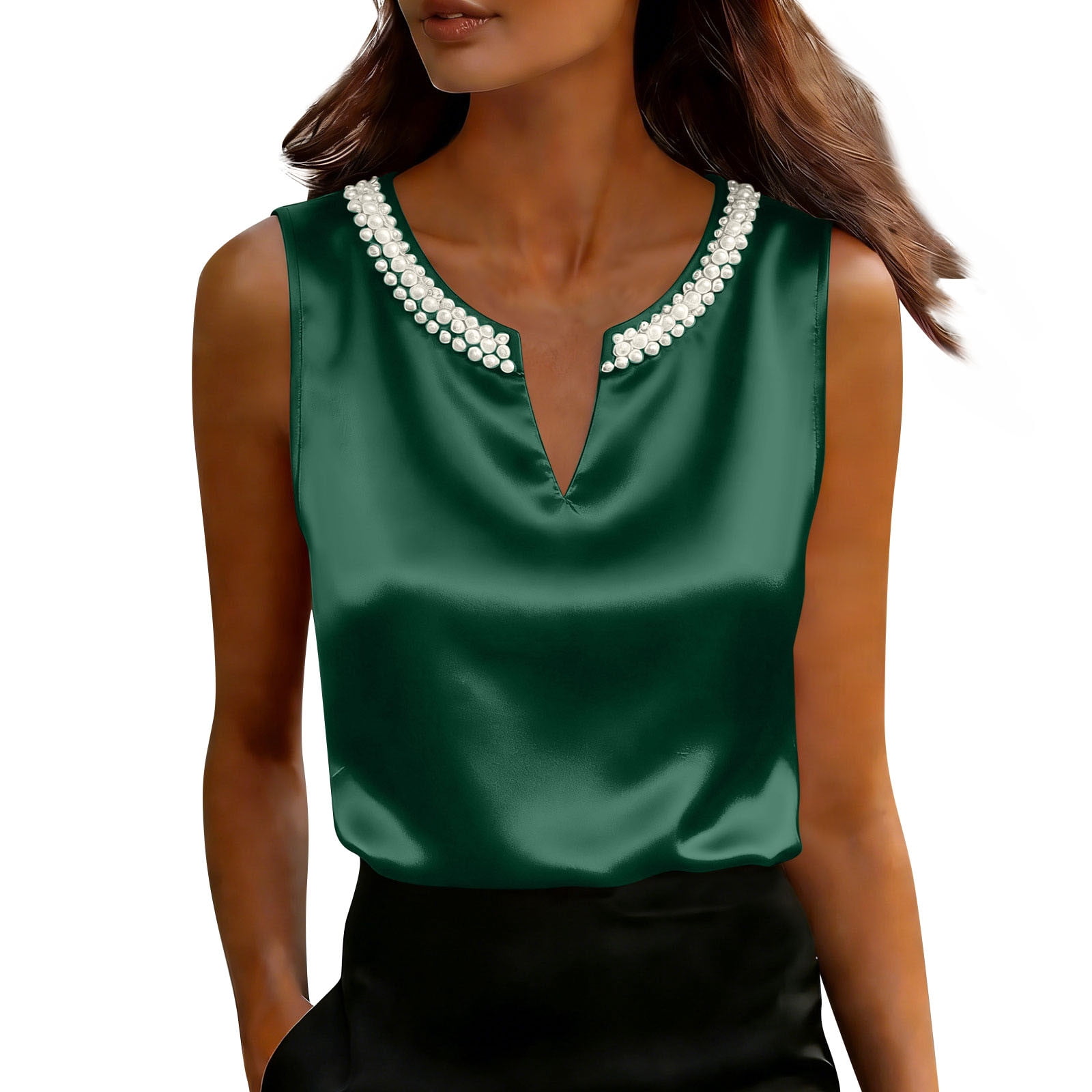 Aoochasliy Women's Satin Sleeveless V Neck Top with Pearl Decoration ...