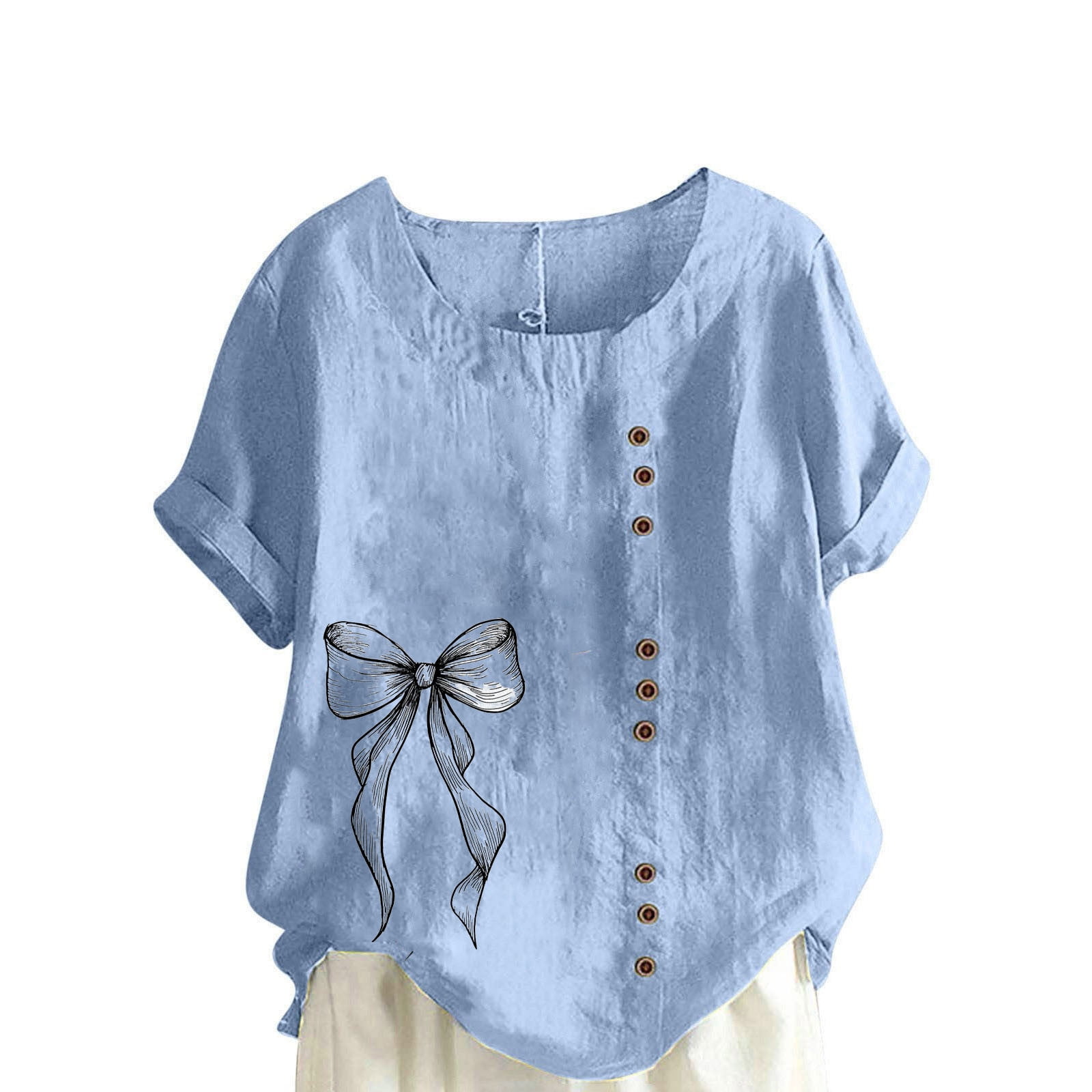 Aoochasliy Women's Short Sleeve Top Casual Floral Printed Linen Blend ...