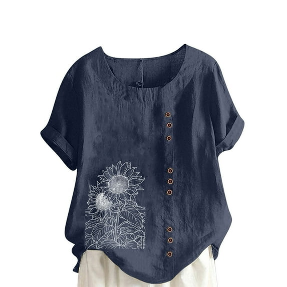 Aoochasliy Women's Short Sleeve Top Casual Floral Printed Linen Blend ...