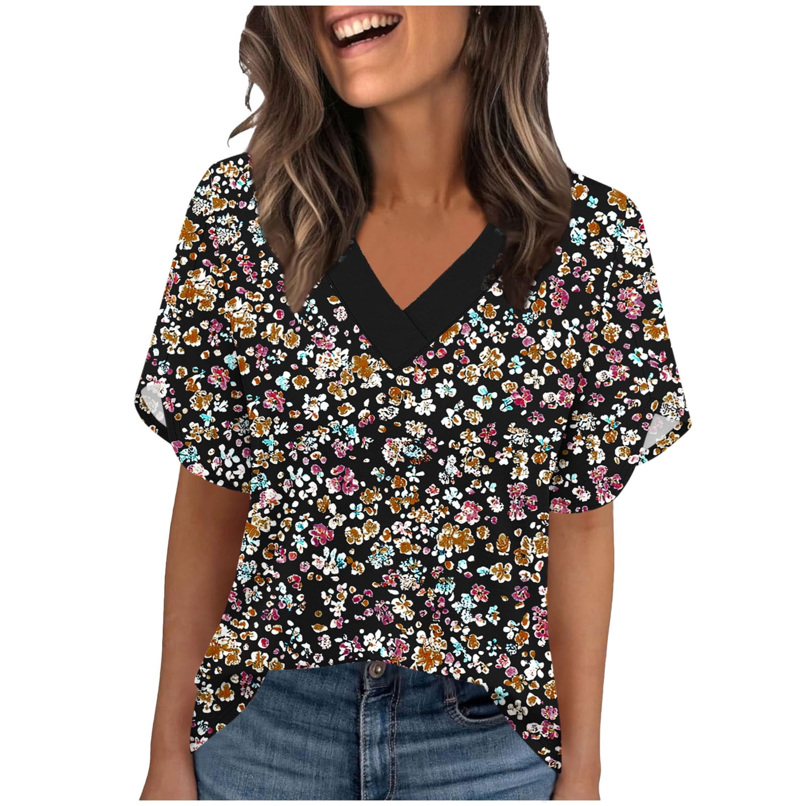 Aoochasliy Women's T-Shirt V-Neck Random Printed Ruffled Short Sleeve ...