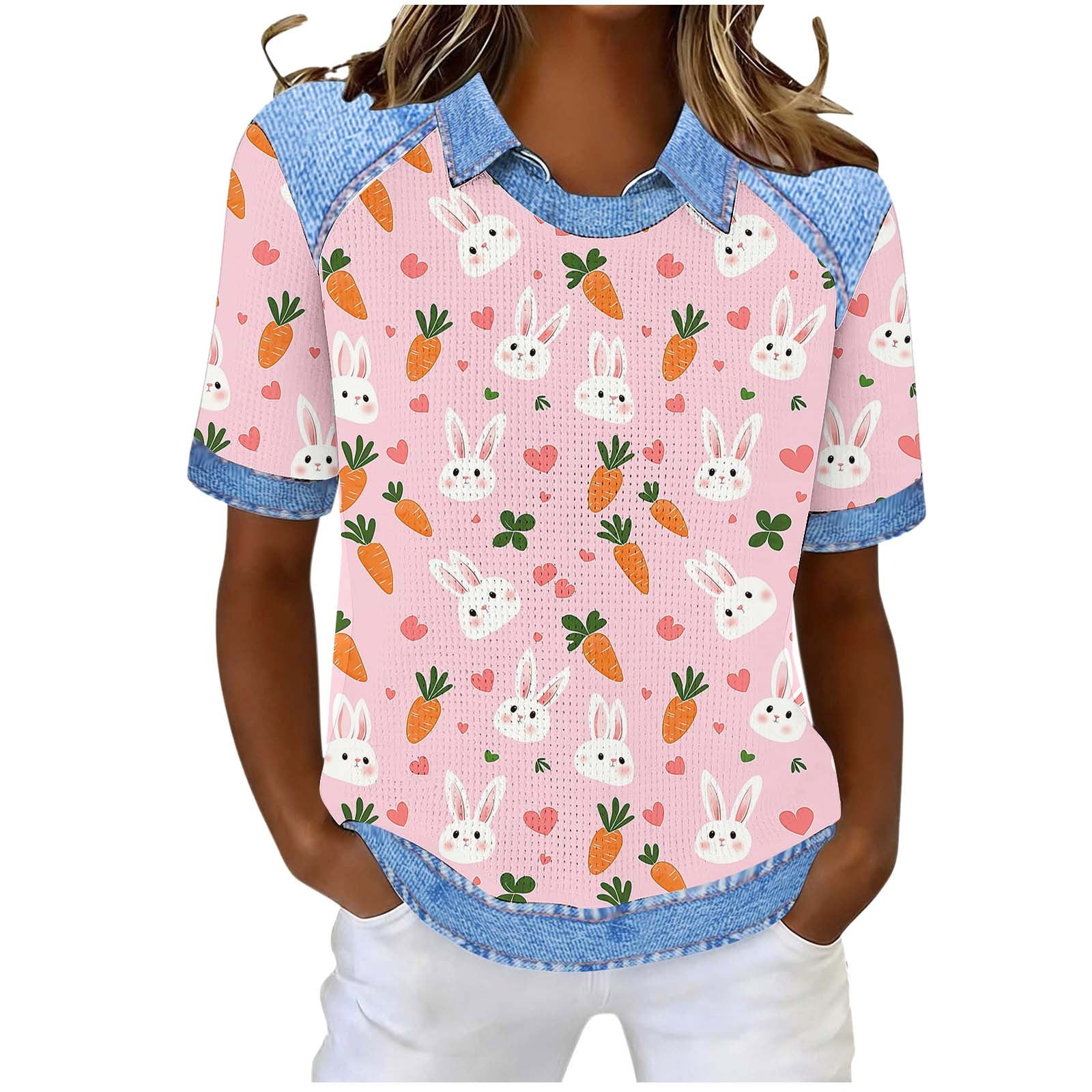 Aoochasliy Women's Top Easter Random Printed Waffle Texture Crewneck ...