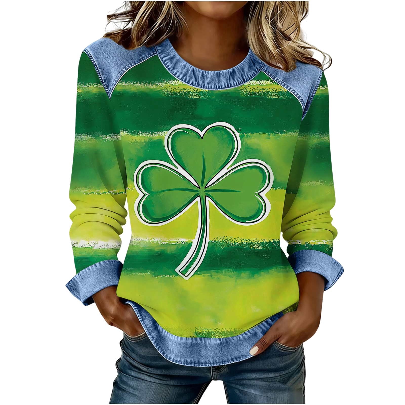 Aoochasliy Women's Top St. Patrick's Day Printed Denim Patchwork Waffle ...