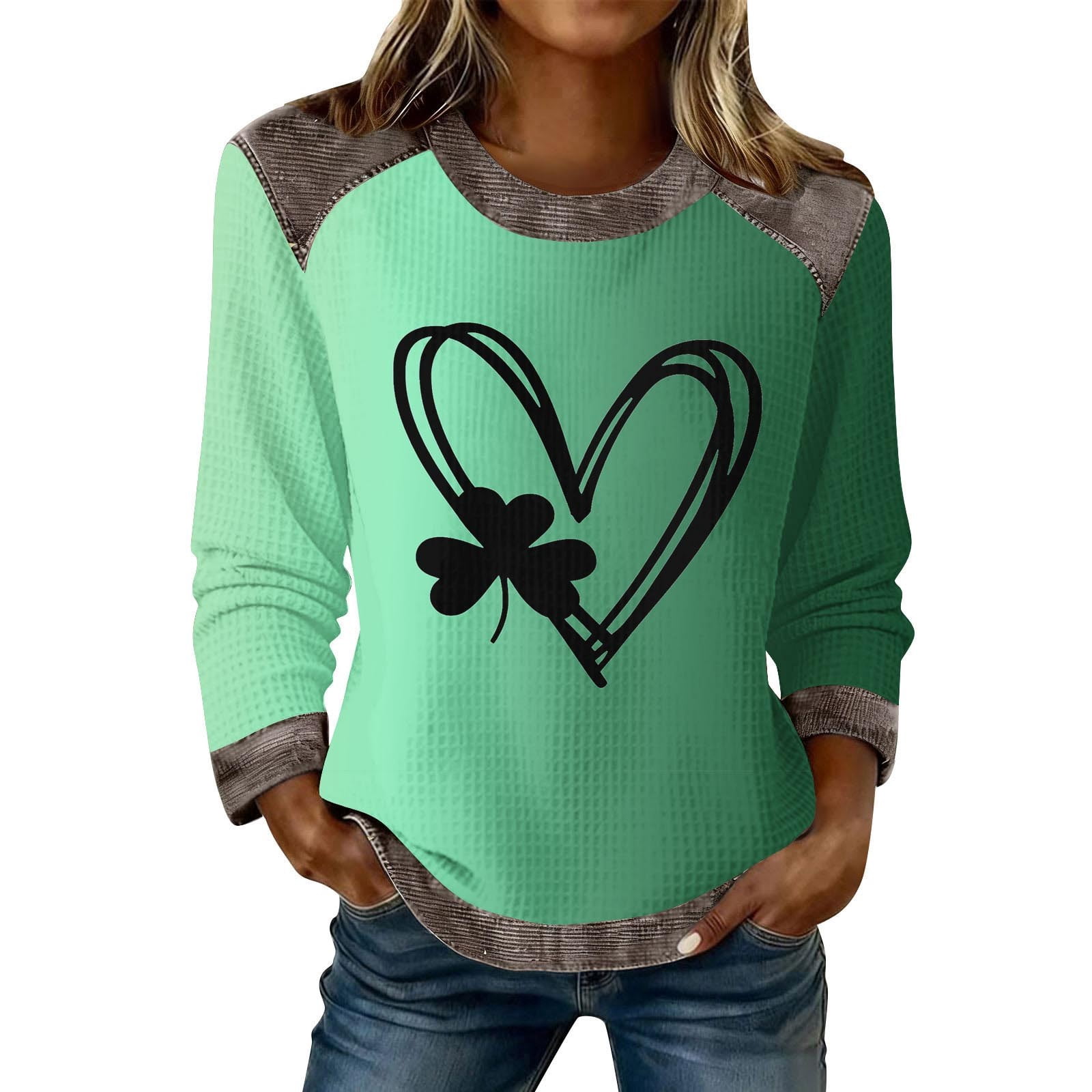 Aoochasliy Women's Top St. Patrick's Day Printed Denim Patchwork Waffle ...