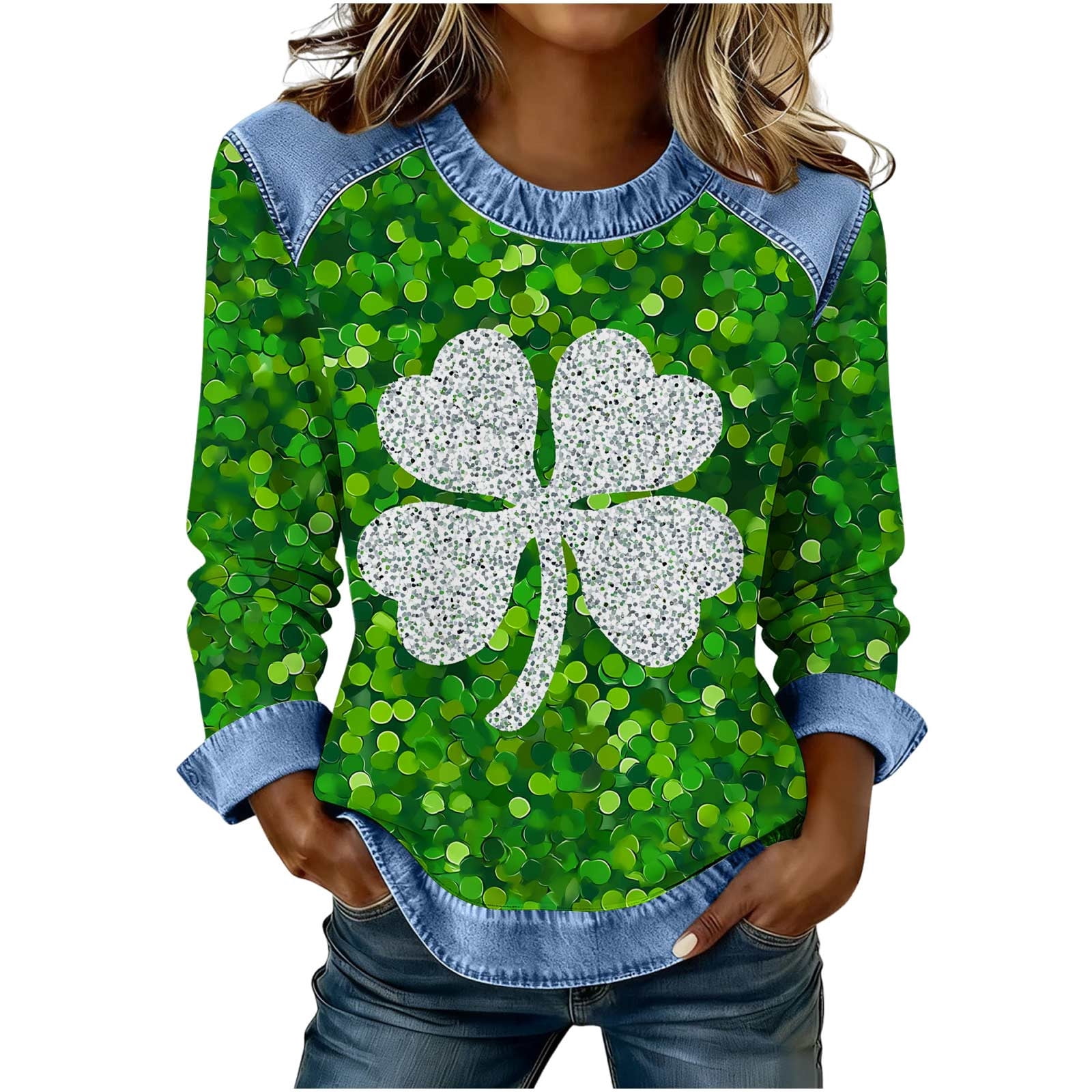 Aoochasliy Women's Top St. Patrick's Day Printed Denim Patchwork Waffle ...