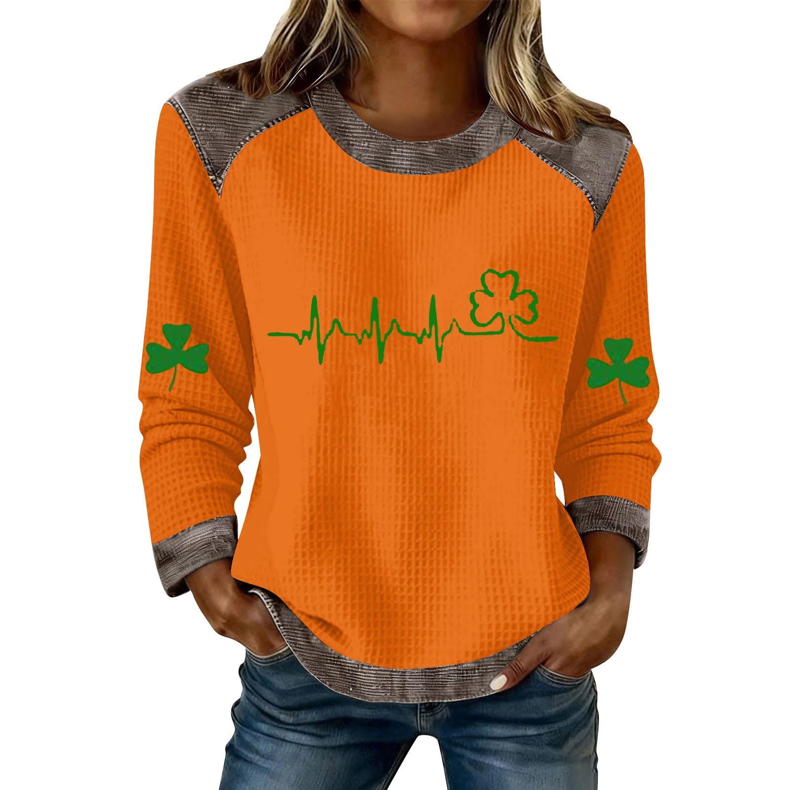 Aoochasliy Women's Top St. Patrick's Day Printed Denim Patchwork Waffle ...