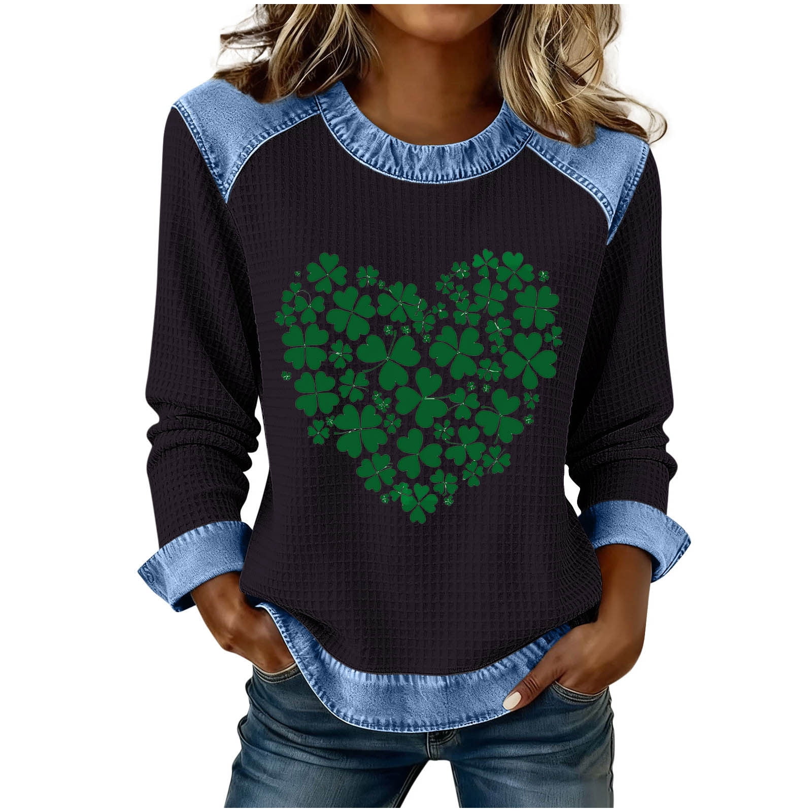 Aoochasliy Women's Top St. Patrick's Day Printed Denim Patchwork Waffle ...