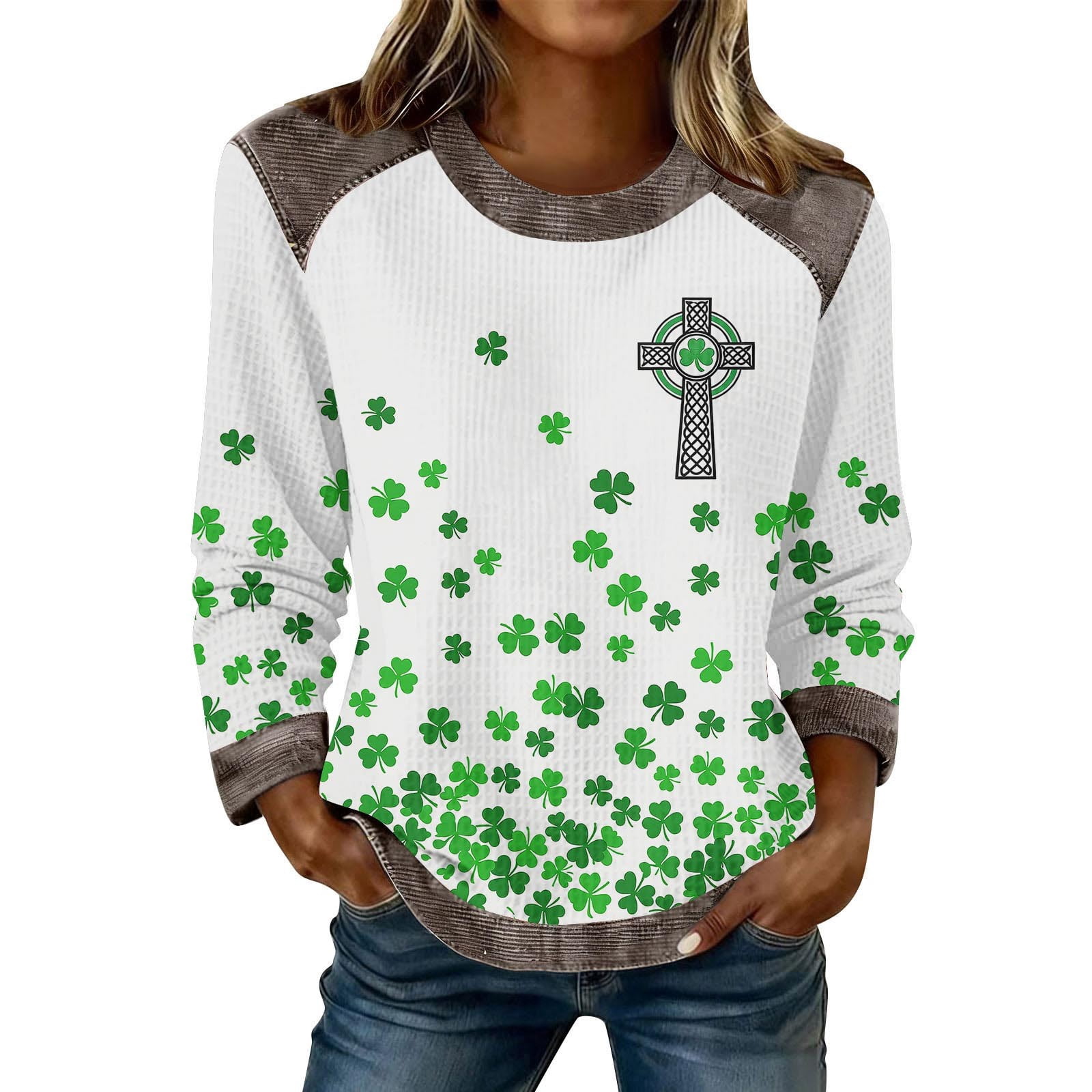 Aoochasliy Women's Top St. Patrick's Day Printed Denim Patchwork Waffle ...